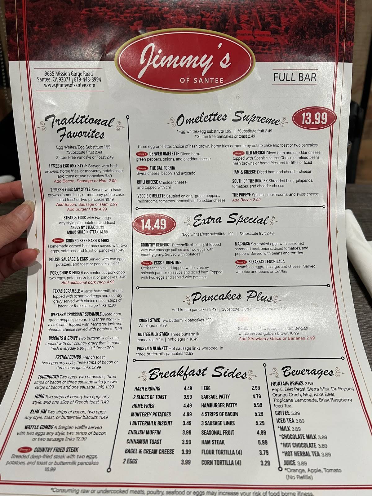 Menu at Jimmy's of Santee restaurant, Santee, Mission Gorge Rd
