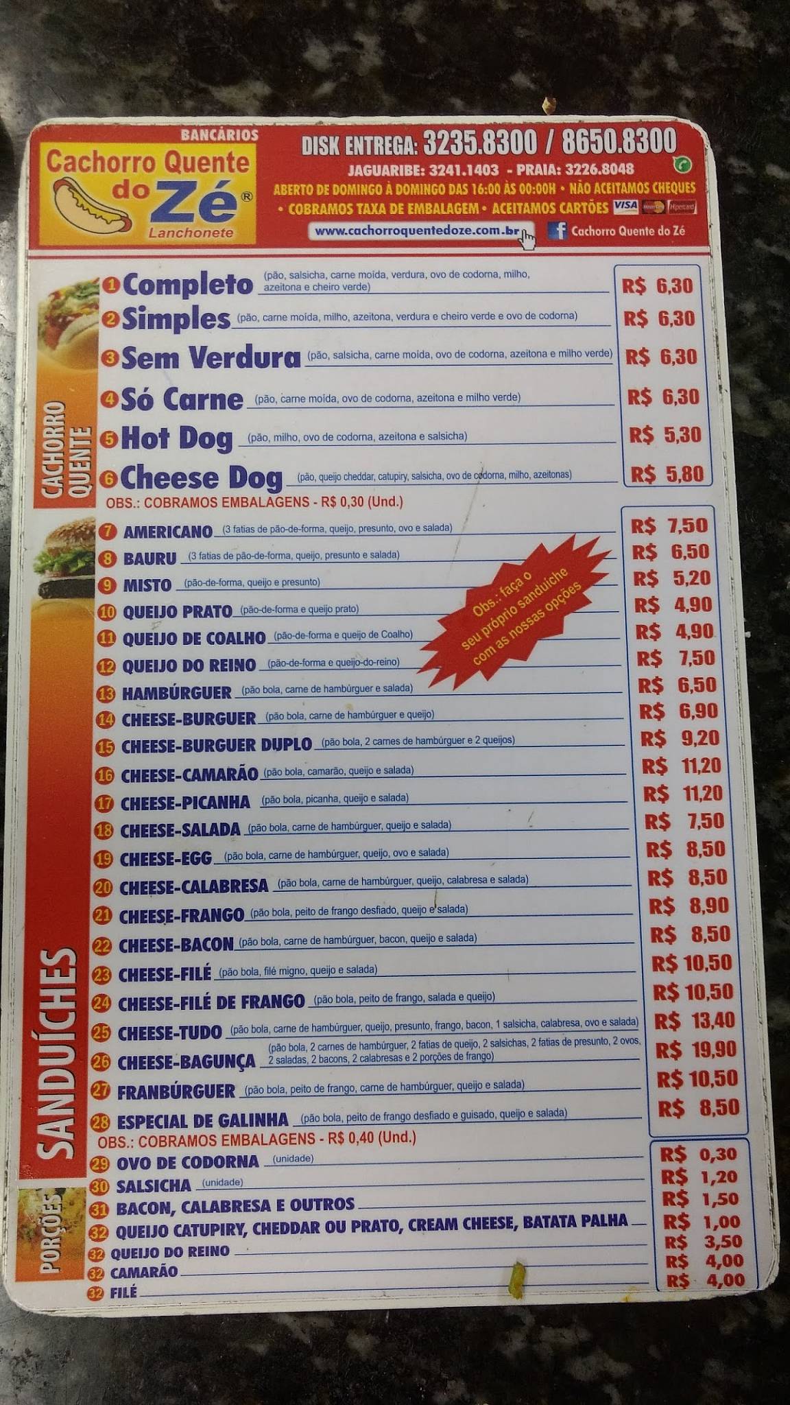 Menu em Cachorro Quente do Zé Bancarios restaurante, João Pessoa, R ...