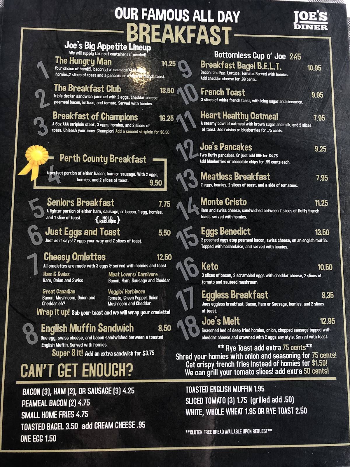 Menu at Joe's Diner - Stratford restaurant, Stratford