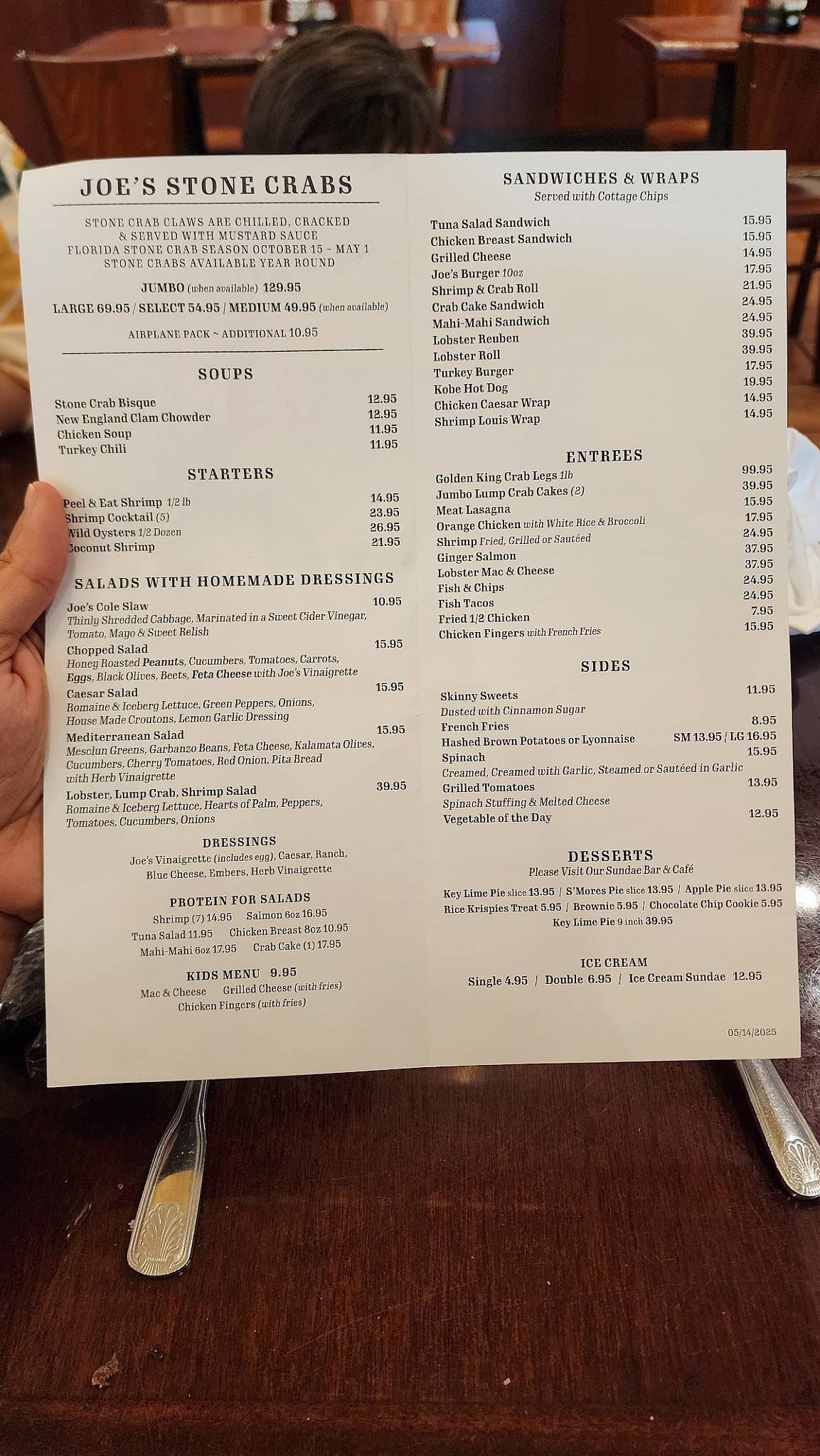 Carta del pub y bar Joe's Stone Crab, Miami Beach