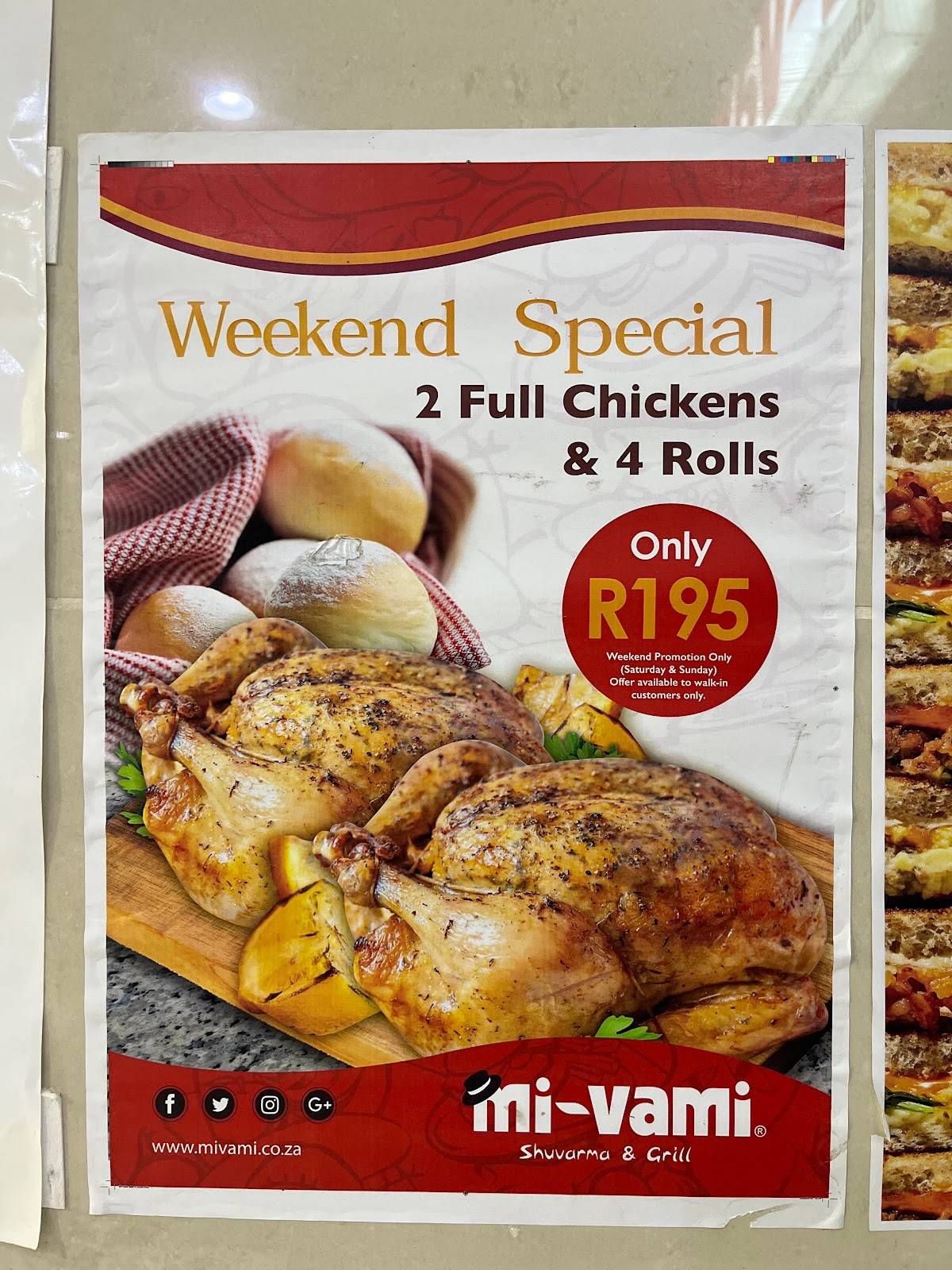 Menu at Mivami restaurant, Johannesburg