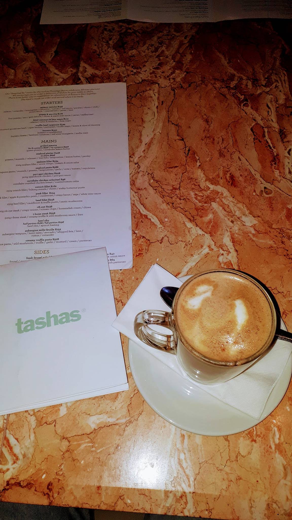 Menu at tashas Nelson Mandela Square restaurant, Johannesburg