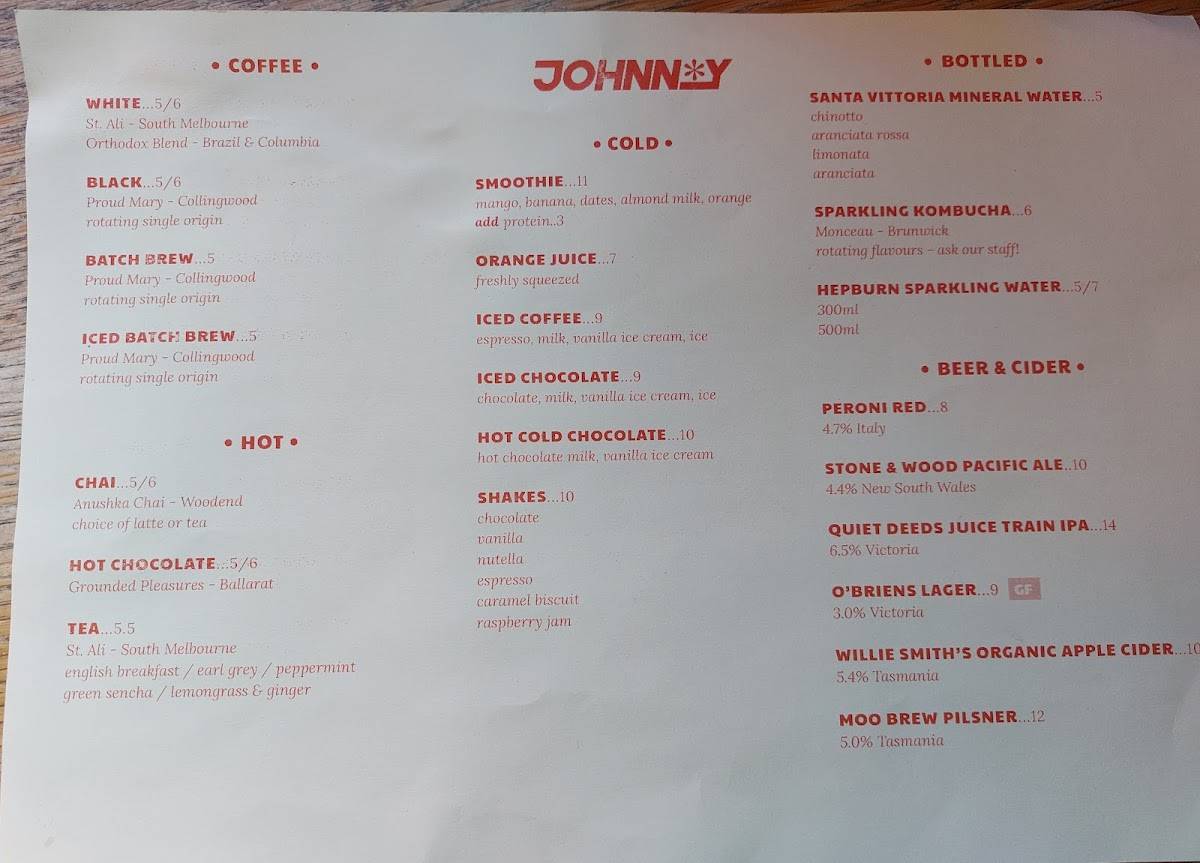 Menu at Johnny Alloo cafe, Ballarat Central