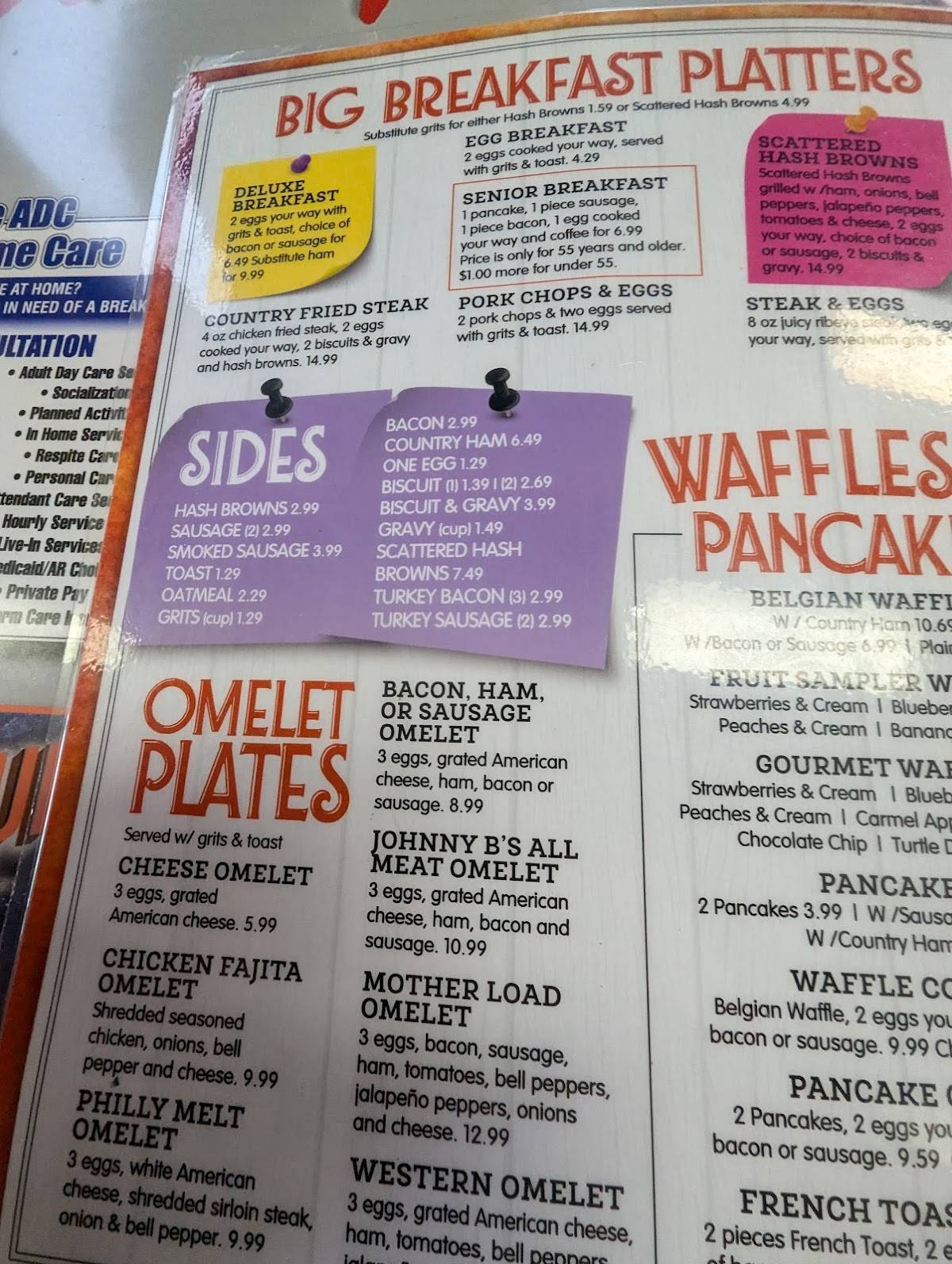 Menu at Johnny B's restaurant, El Dorado