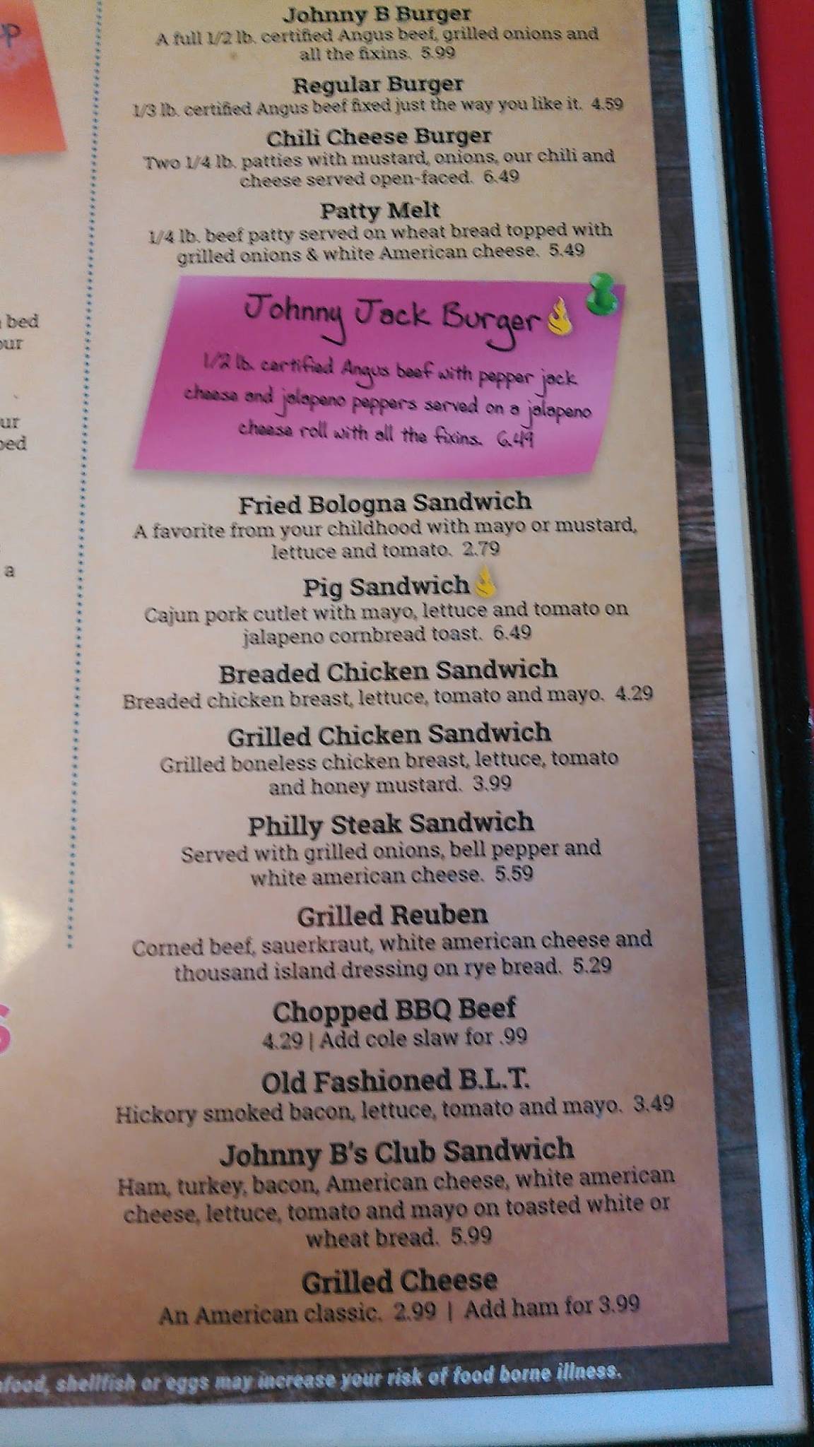 Menu at Johnny B's restaurant, El Dorado