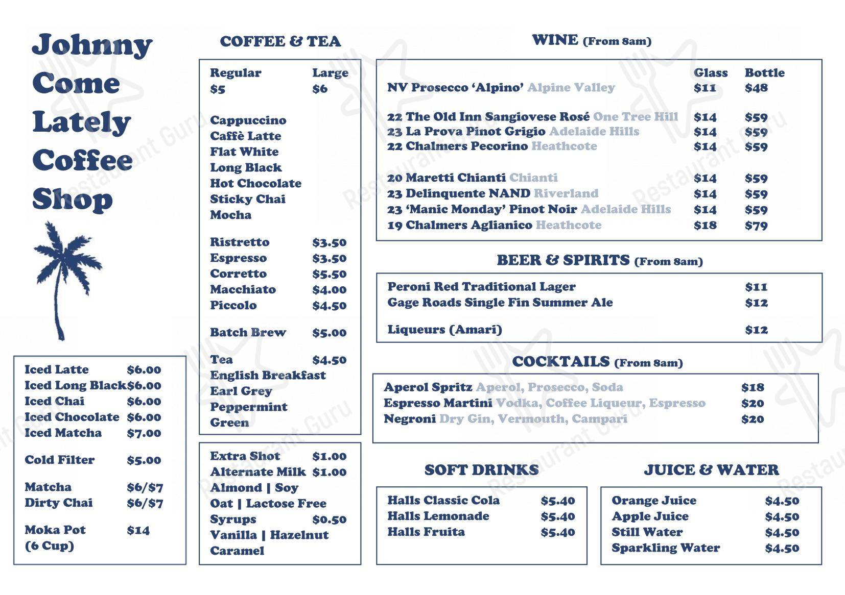 Menu at Johnny Come Lately Coffee Shop, Adelaide