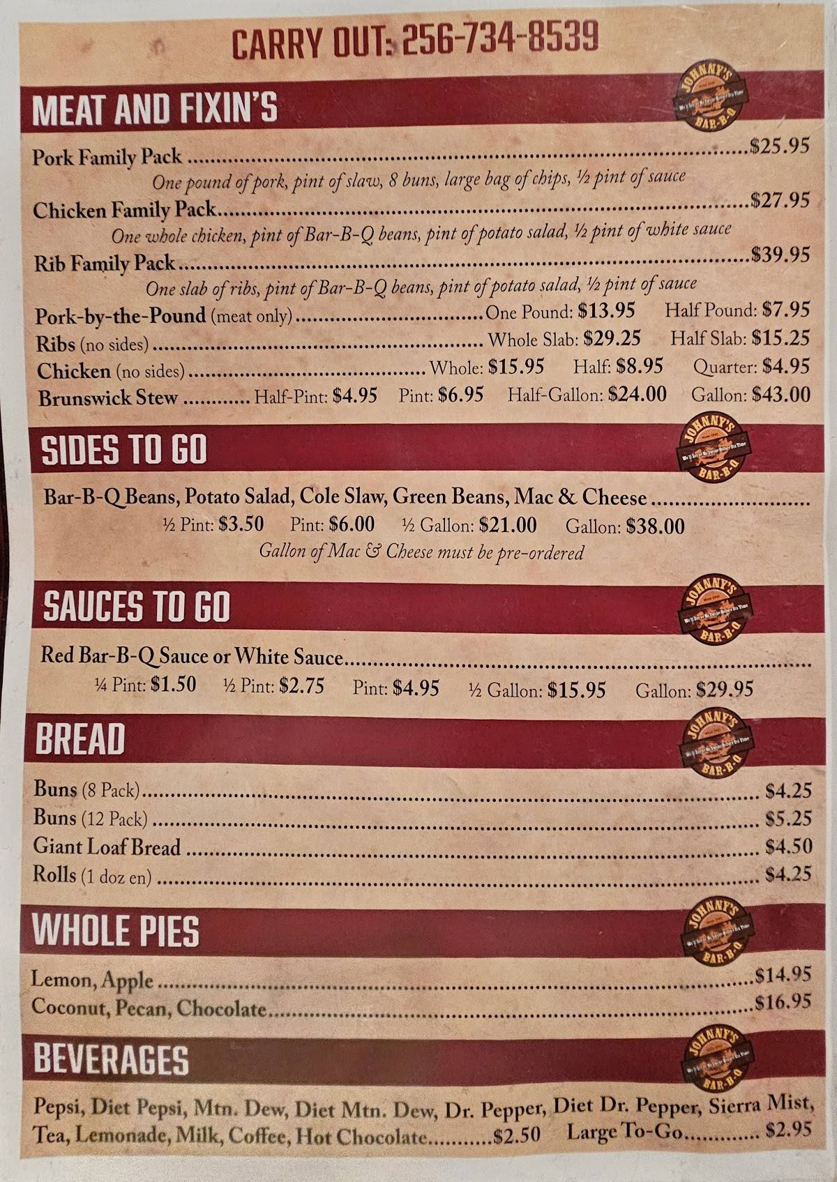 Menu at Johnny's Bar-B-Q, Cullman