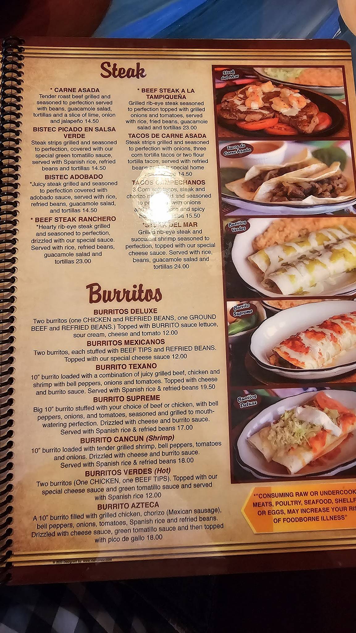 Menu at Luna Azteca restaurant, Johnstown