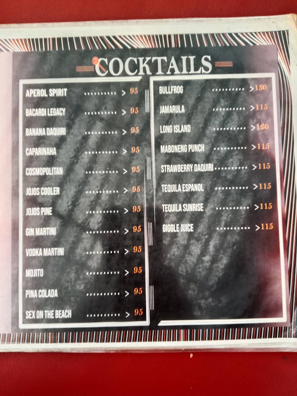 Menu at Jojo Rooftop Lounge restaurant, Johannesburg