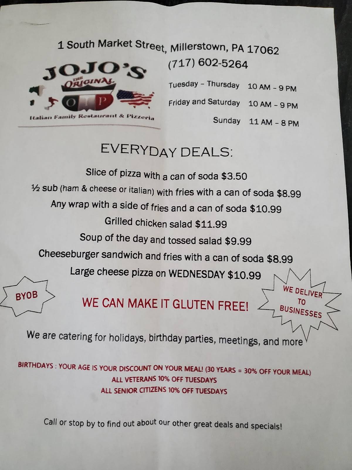 Menu at Jojo's Original Italian Pizza pizzeria, Millerstown