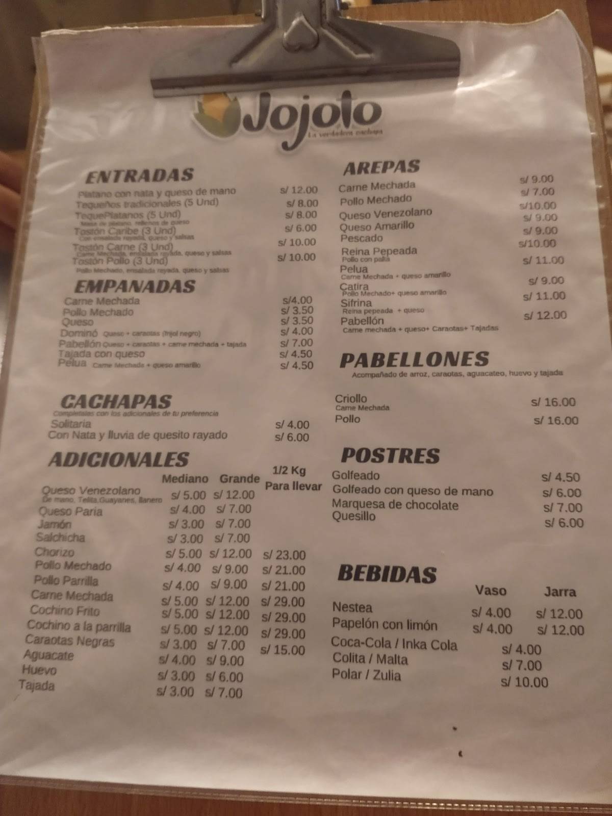 Carta del restaurante Jojoto "La verdadera cachapera", San Miguel