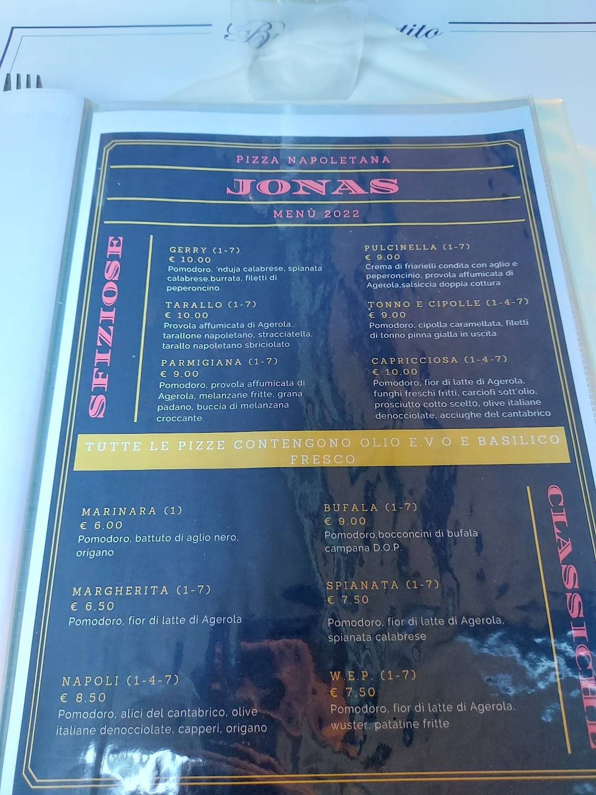 Menu da Jonas ristorante, Monza