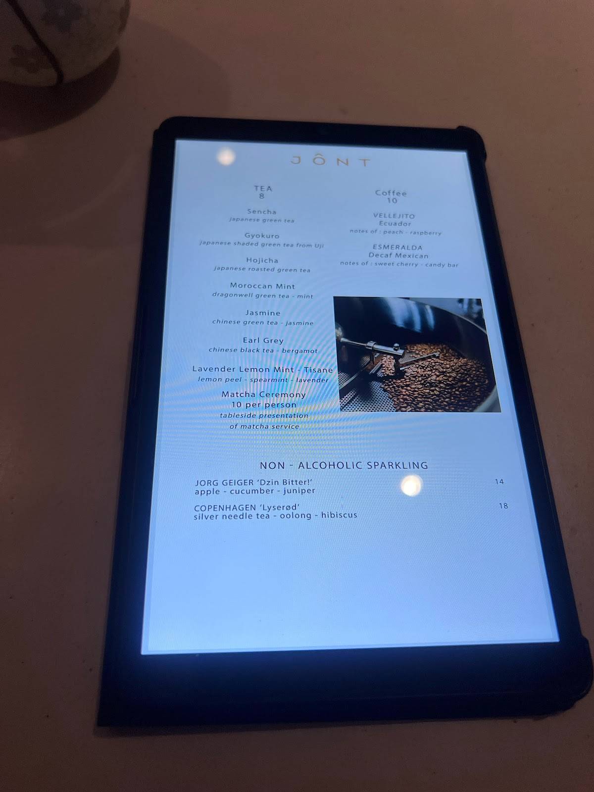Menu at Jônt restaurant, Washington