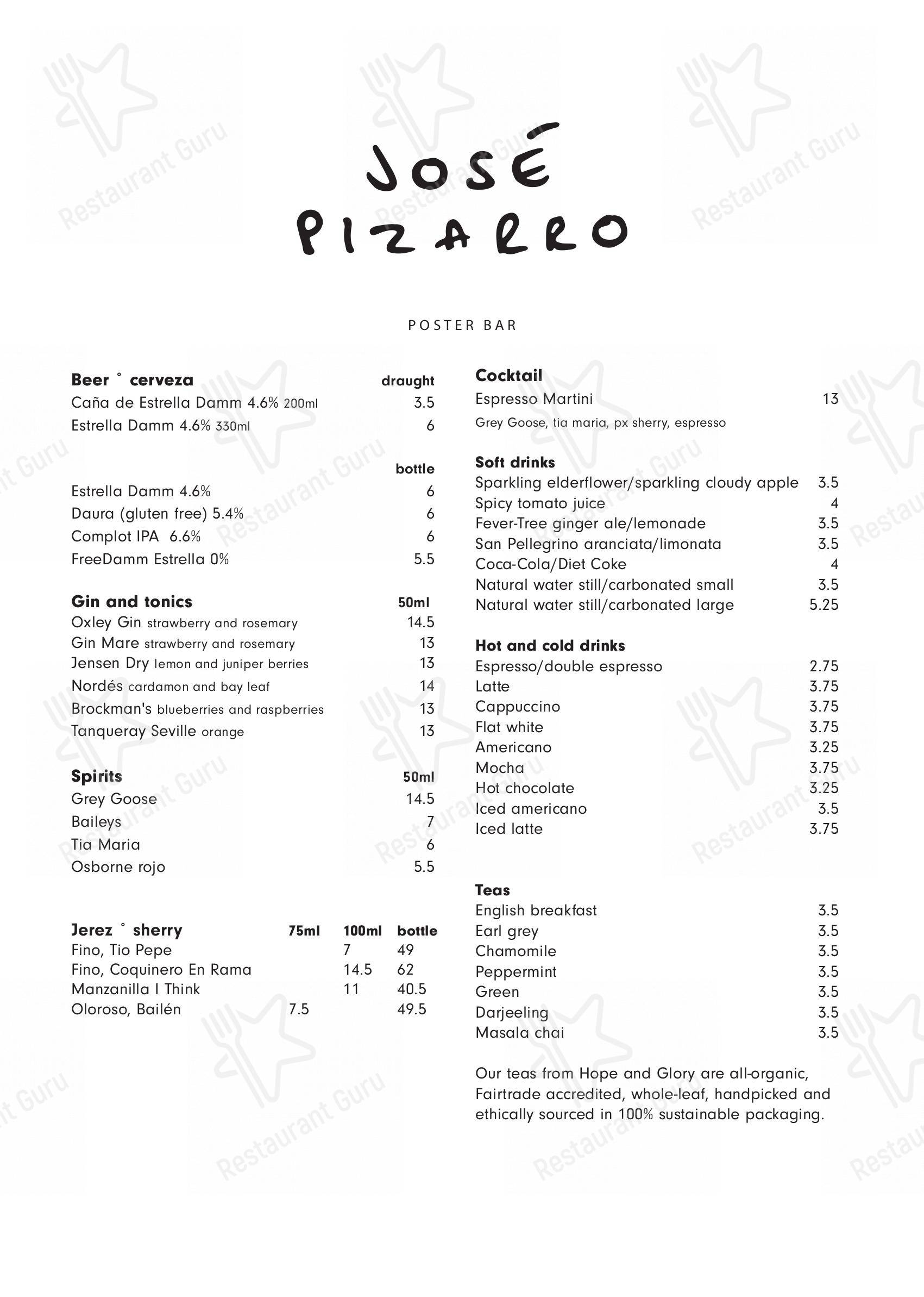 Menu at José Pizarro pub & bar, London