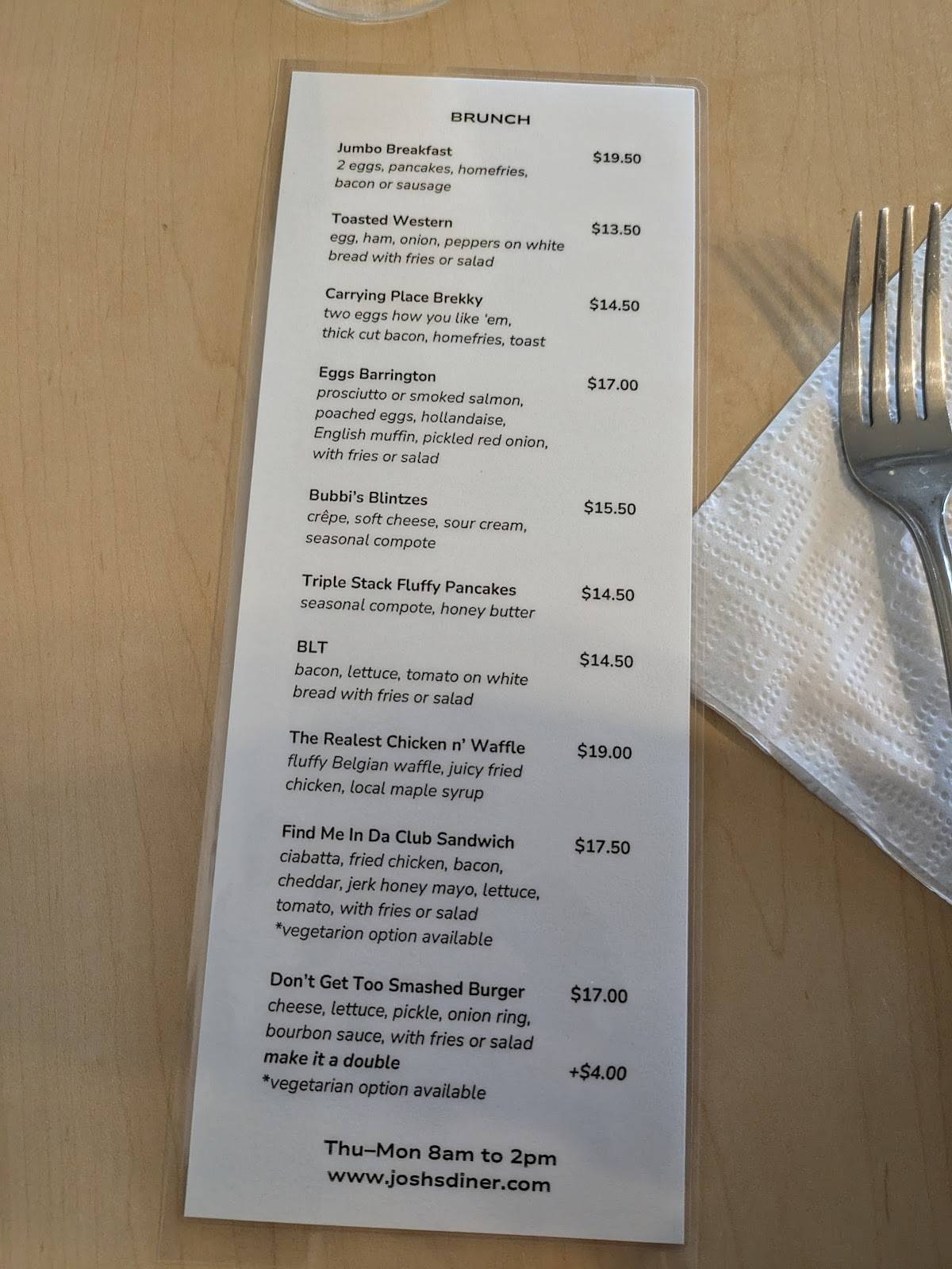 Menu at Josh's Diner, Quinte West