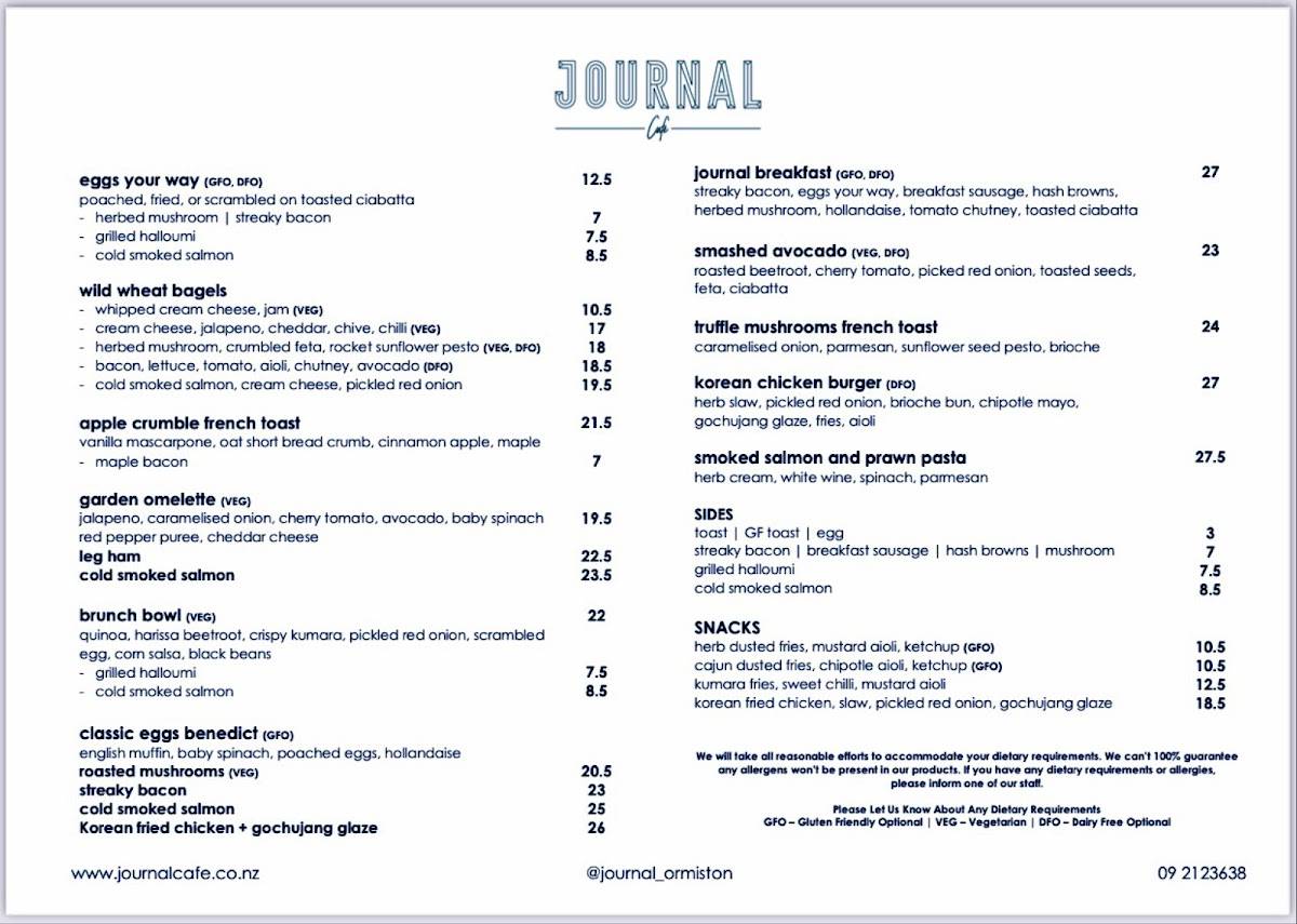 Menu at Journal Cafe, Auckland