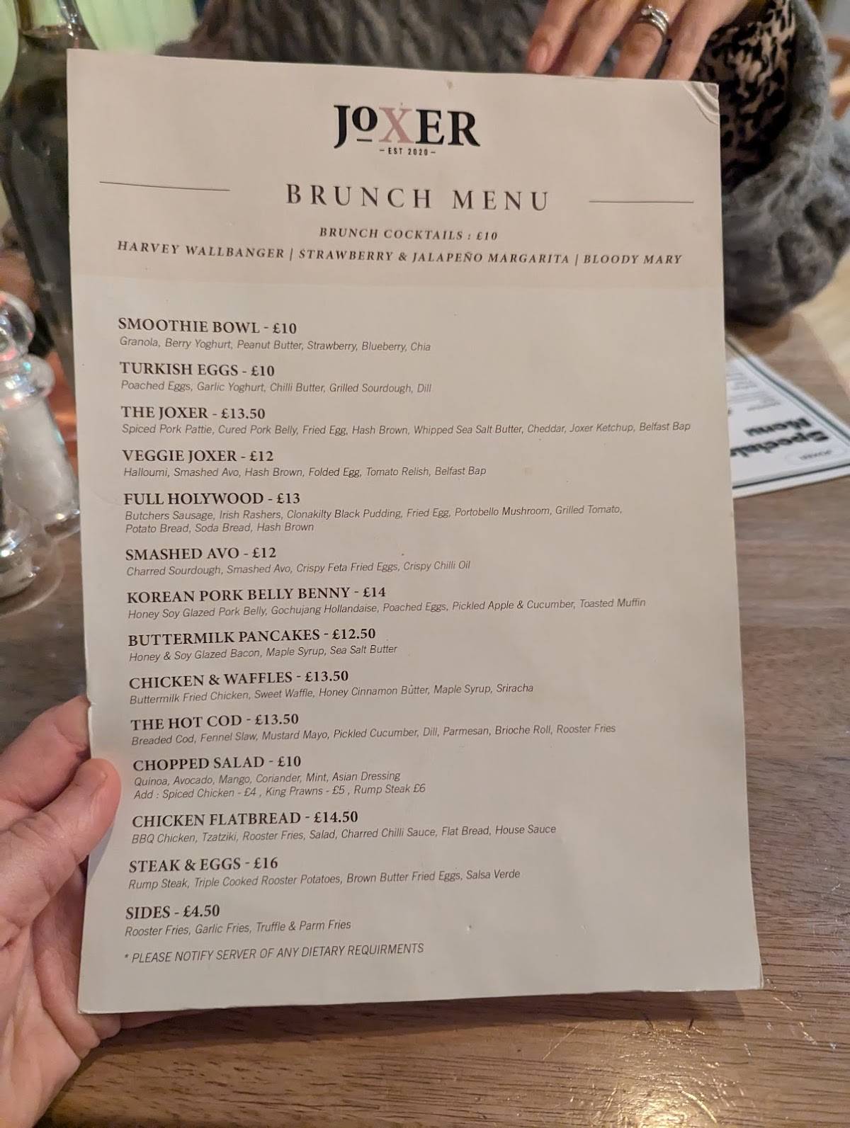 Menu at Joxer pub & bar, Holywood