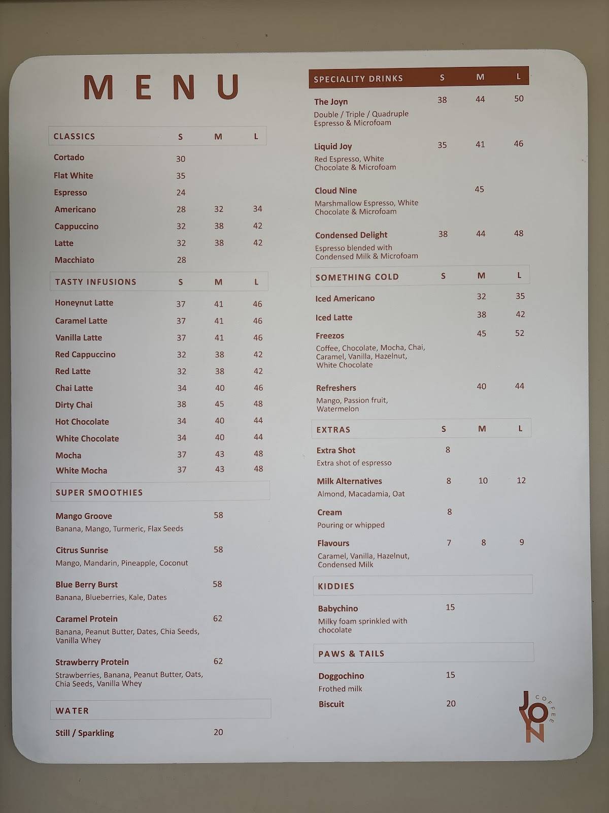 Menu at Joyn Coffee, Pretoria
