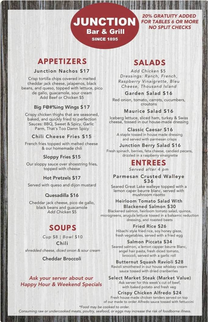 Menu at Junction Bar & Grill and Event Center, Walloon Lake