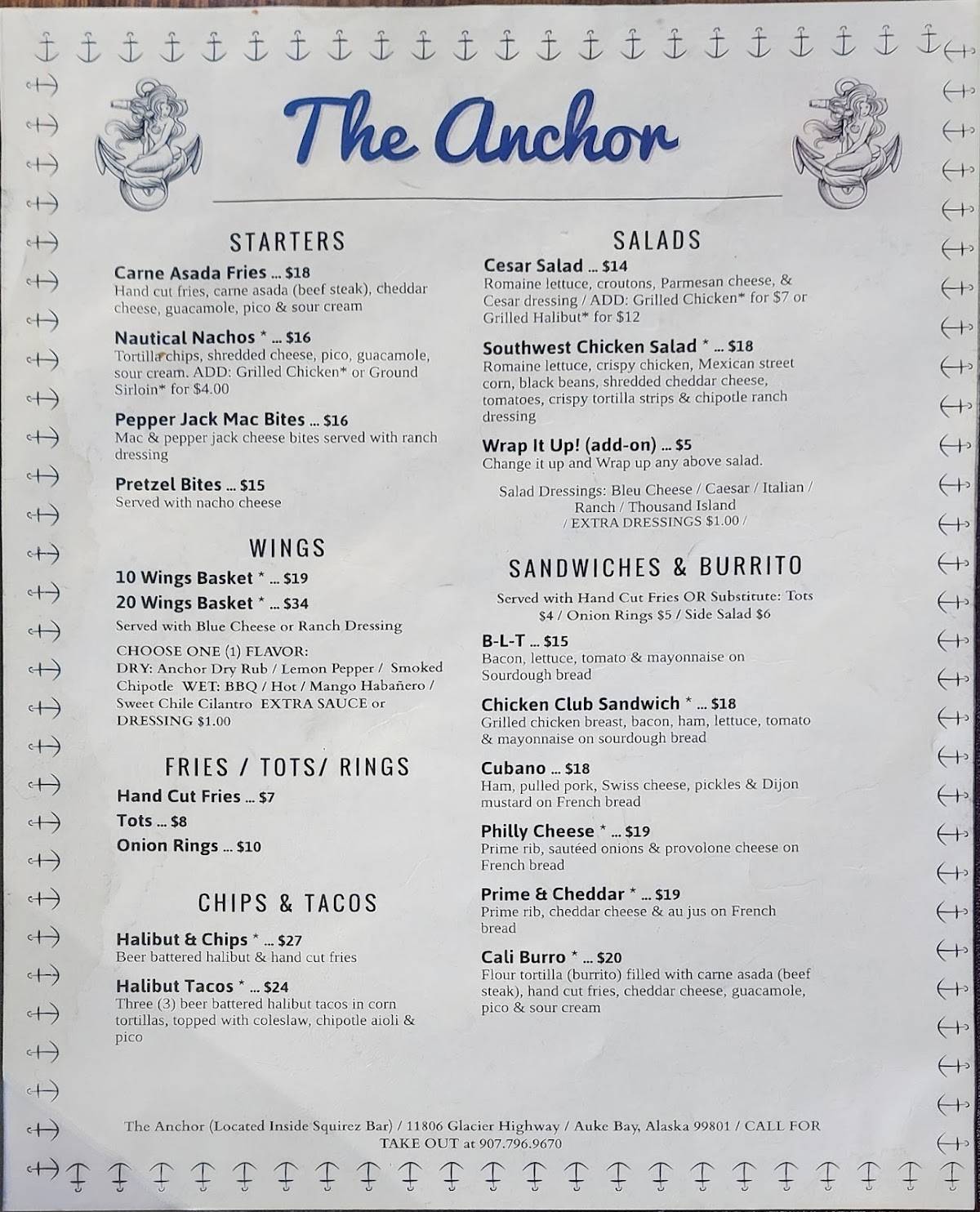 Menu at The Anchor restaurant, Juneau
