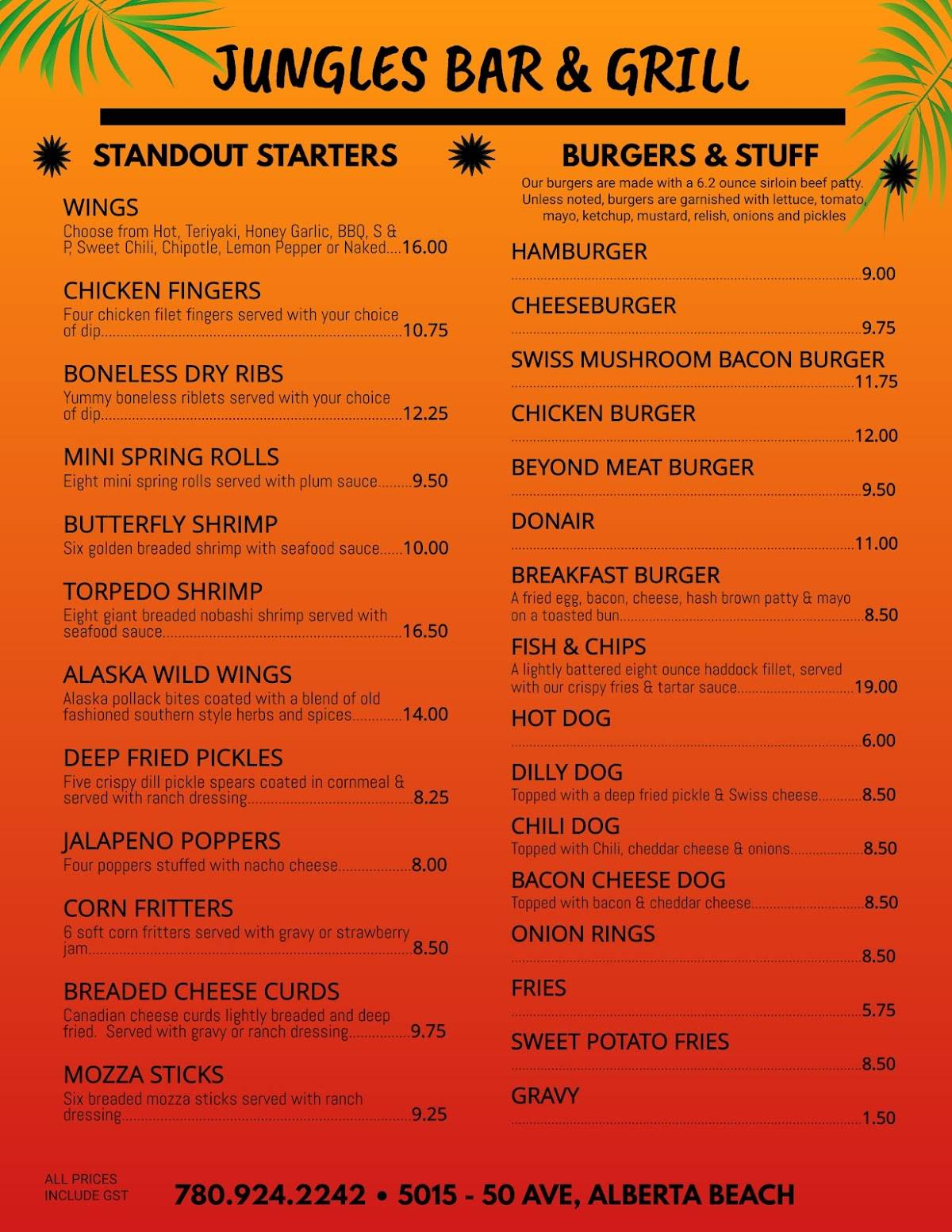 Menu at Jungles Bar & Grill, Alberta Beach