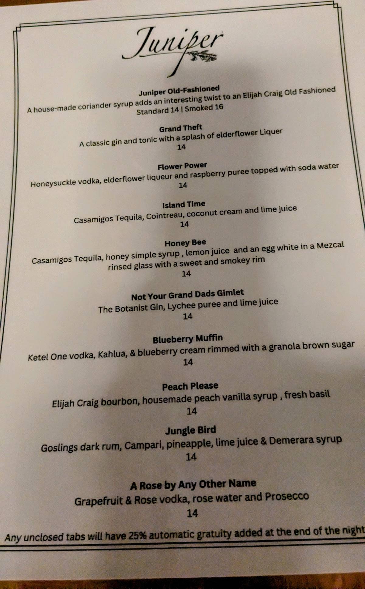 Menu at Juniper pub & bar, Elizabeth City
