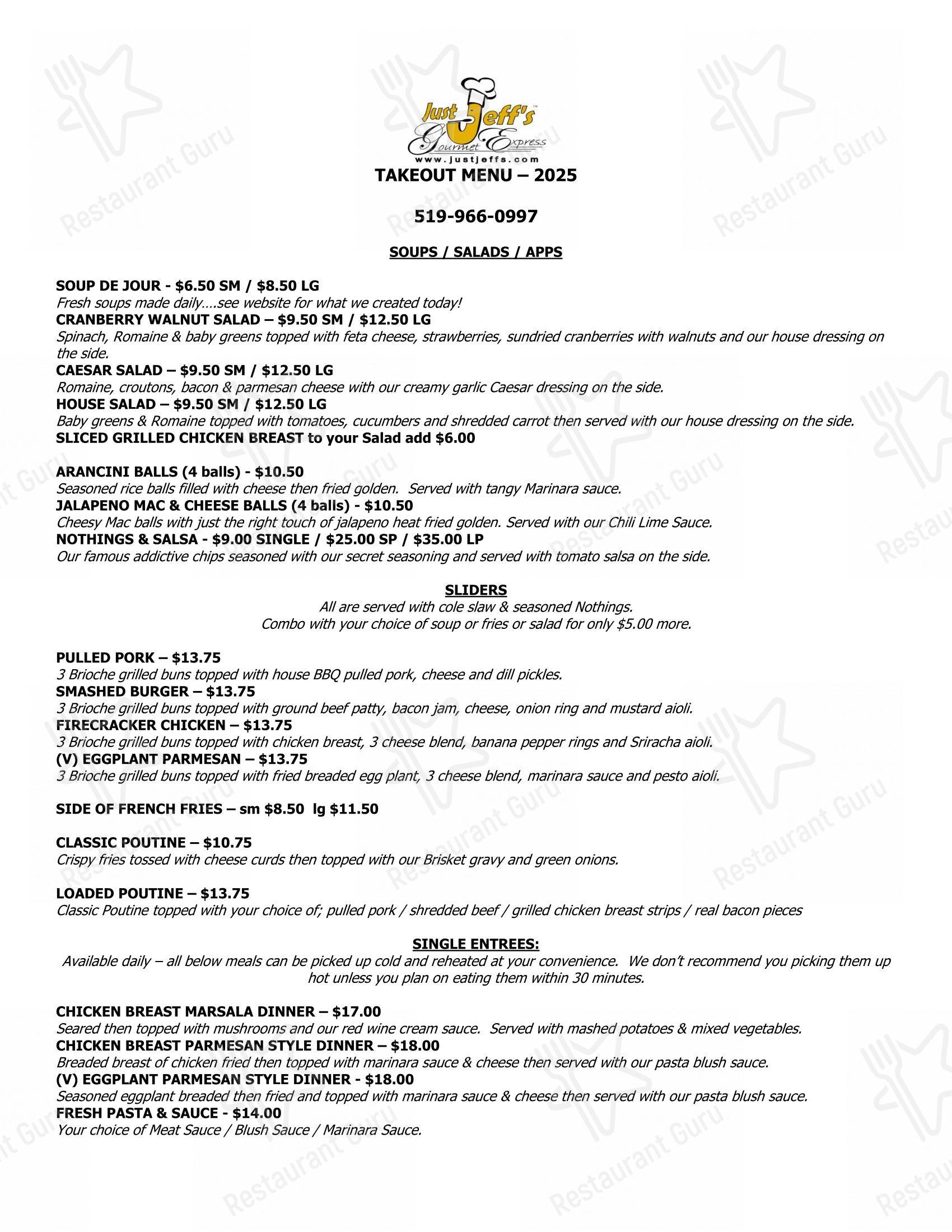 Menu at Just Jeff's Gourmet Express restaurant, Windsor
