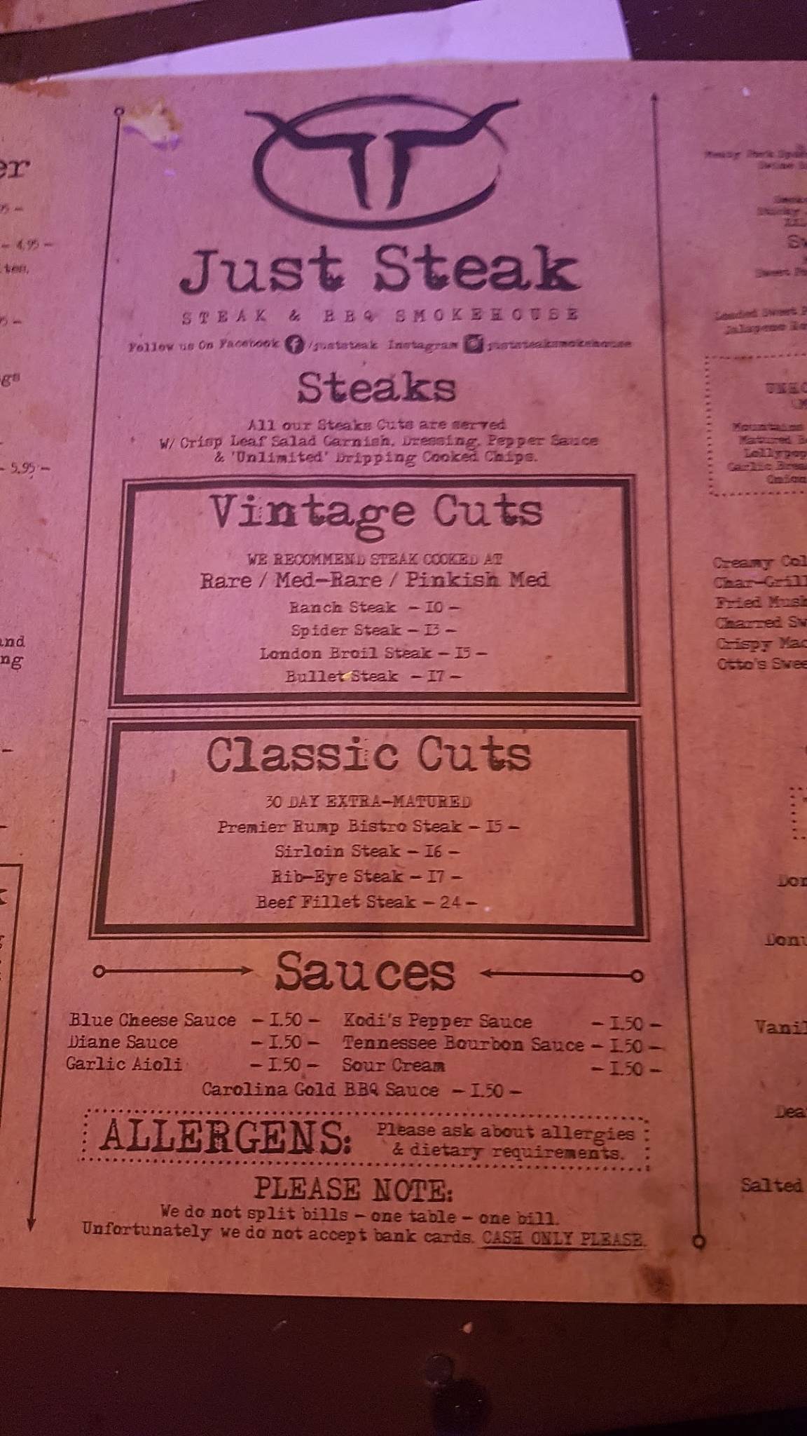 Menu at Just Steak steakhouse, Mold