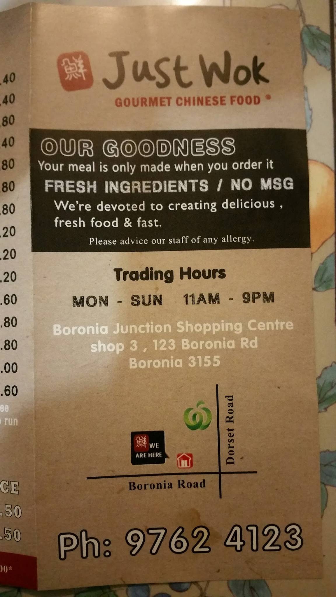 Menu at Just Wok fast food, Boronia