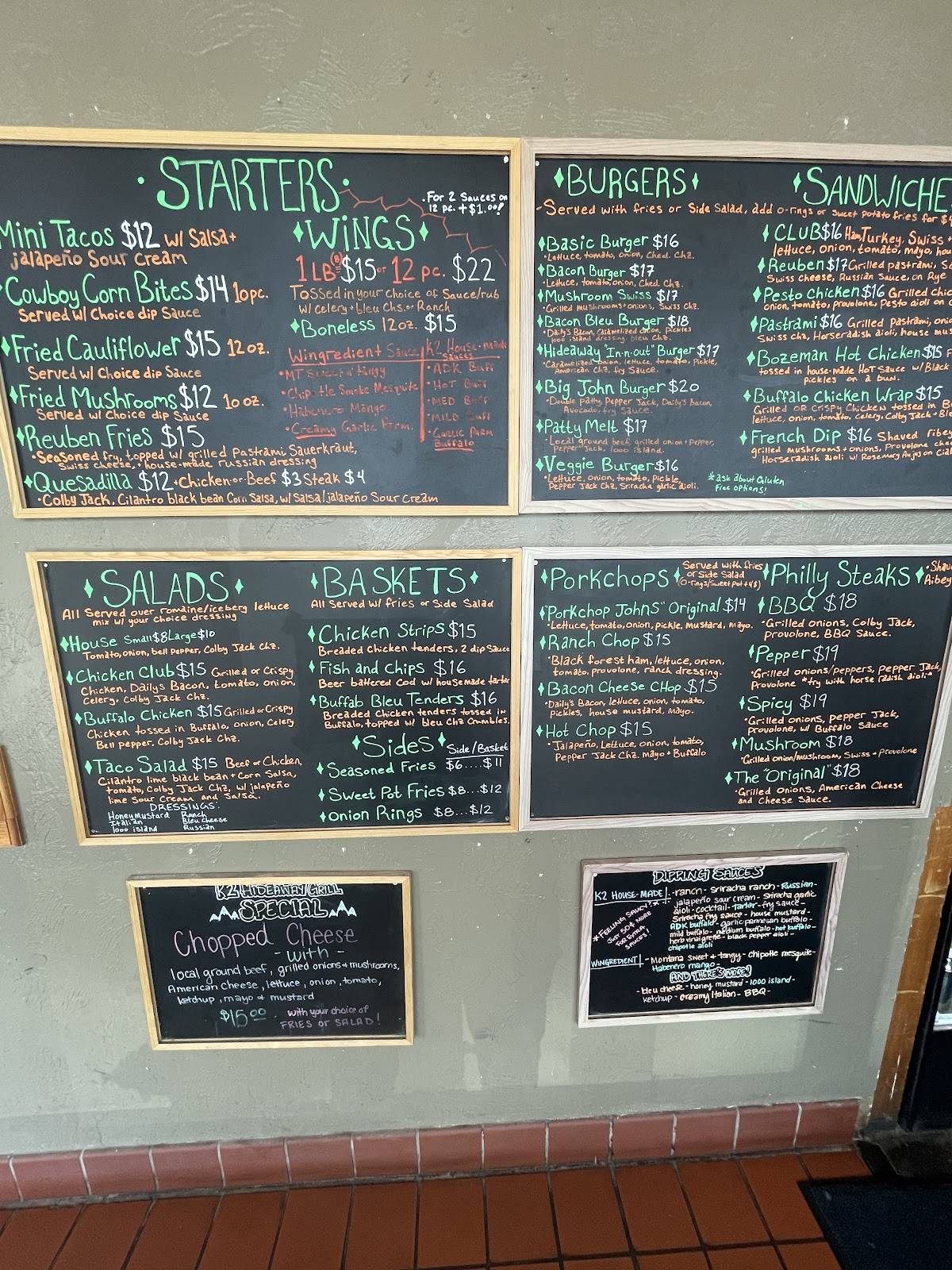 Menu at K2 Hideaway Grill restaurant, Bozeman