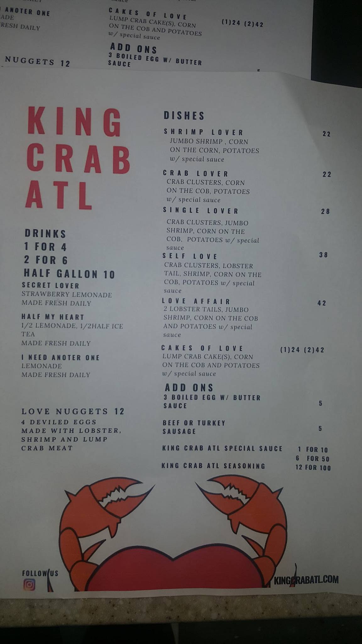Menu at I Love Seafood LLC restaurant, Atlanta