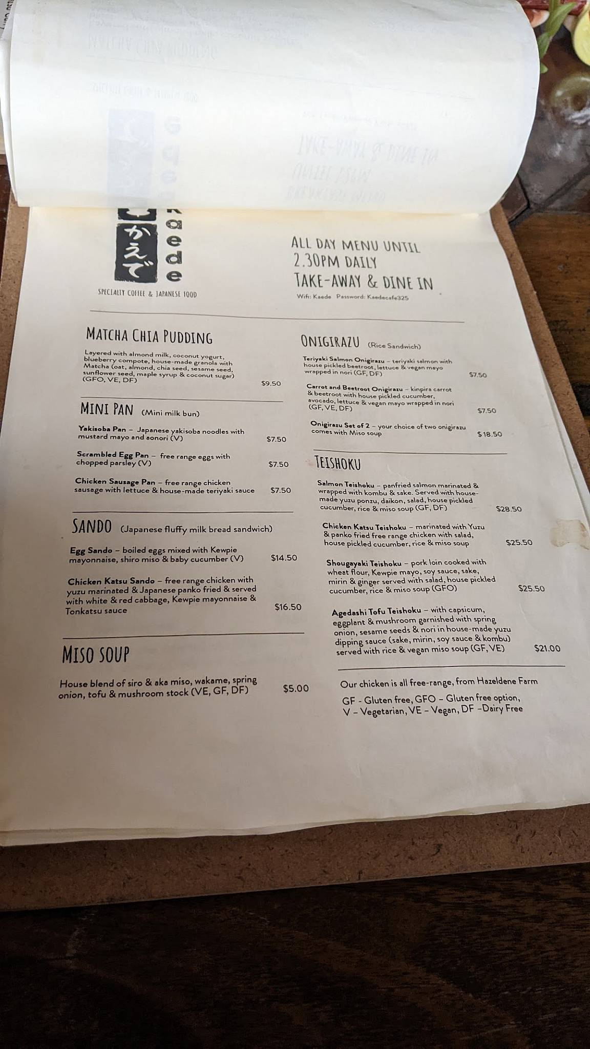 Menu at Kaede cafe, Abbotsford
