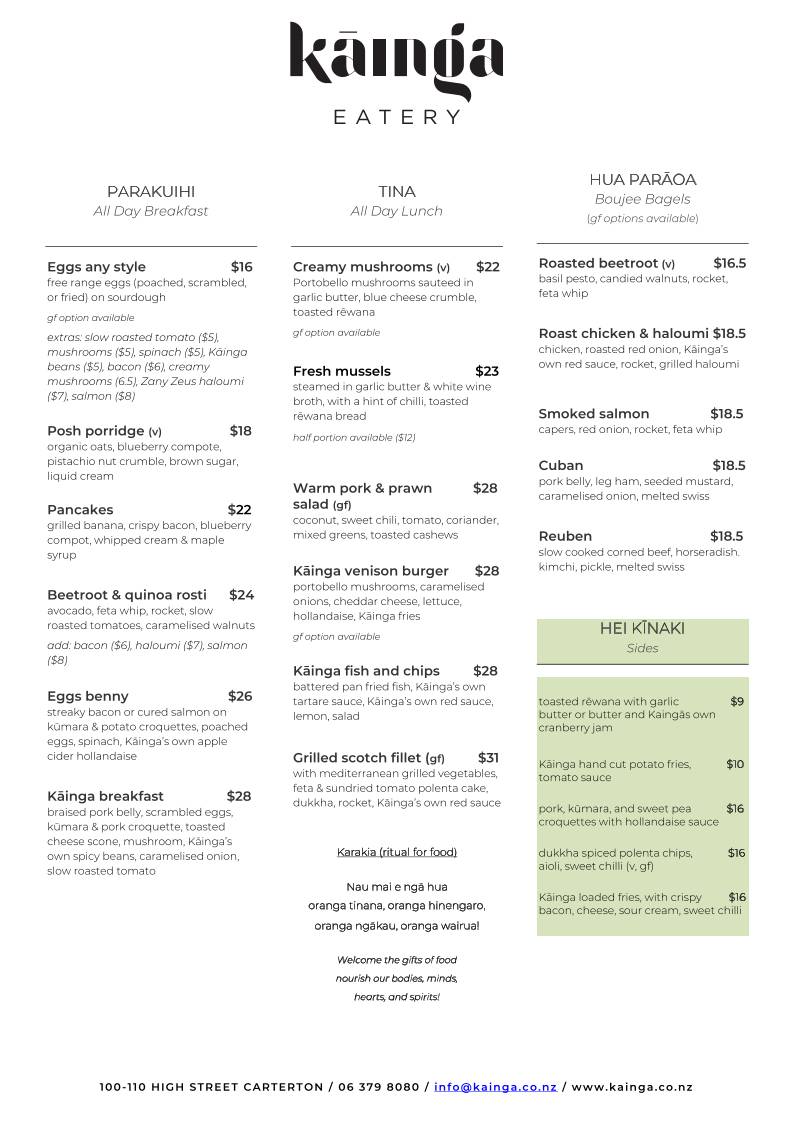 Menu at Kainga Eatery restaurant, Carterton