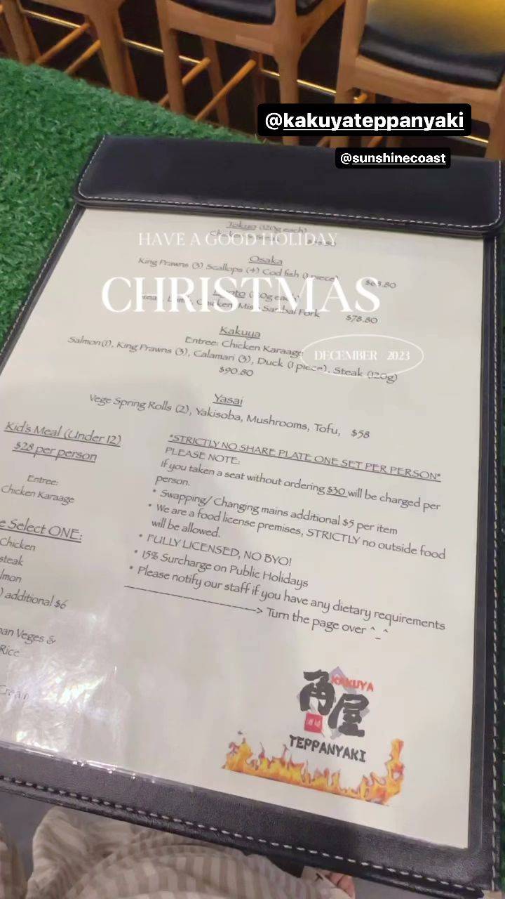 Menu at Kakuya Teppanyaki restaurant, Mudjimba