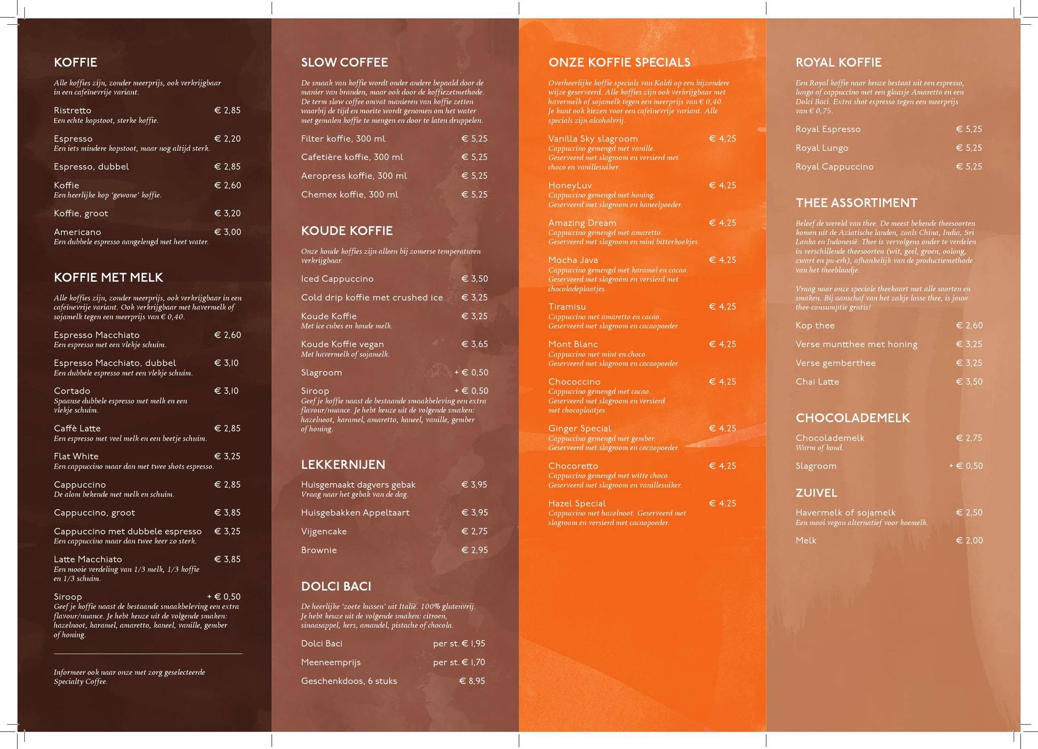 Menu au Kaldi Apeldoorn, Apeldoorn