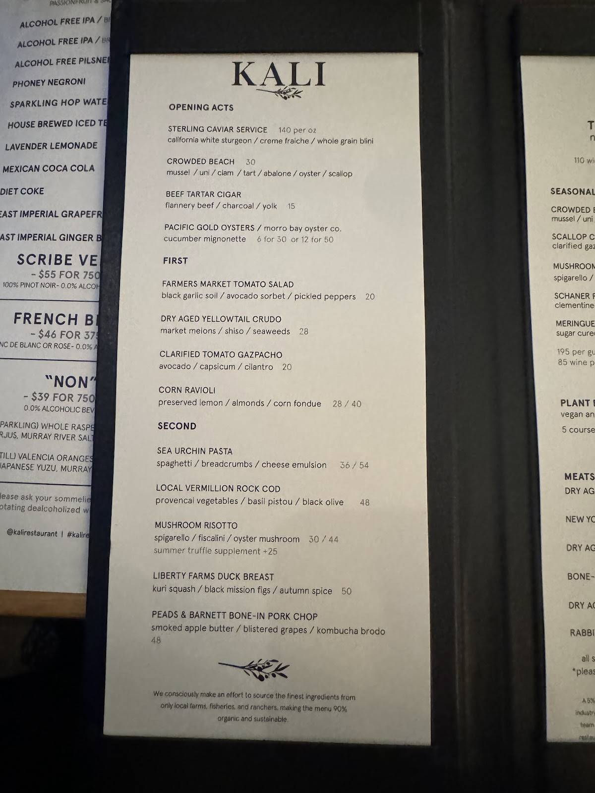 Menu at Kali restaurant, Los Angeles