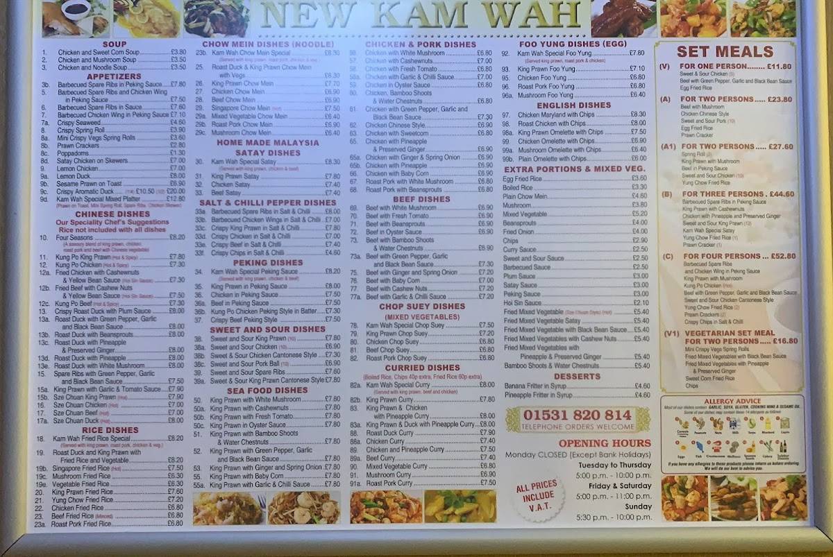 Menu at Kam Wah fast food, Newent