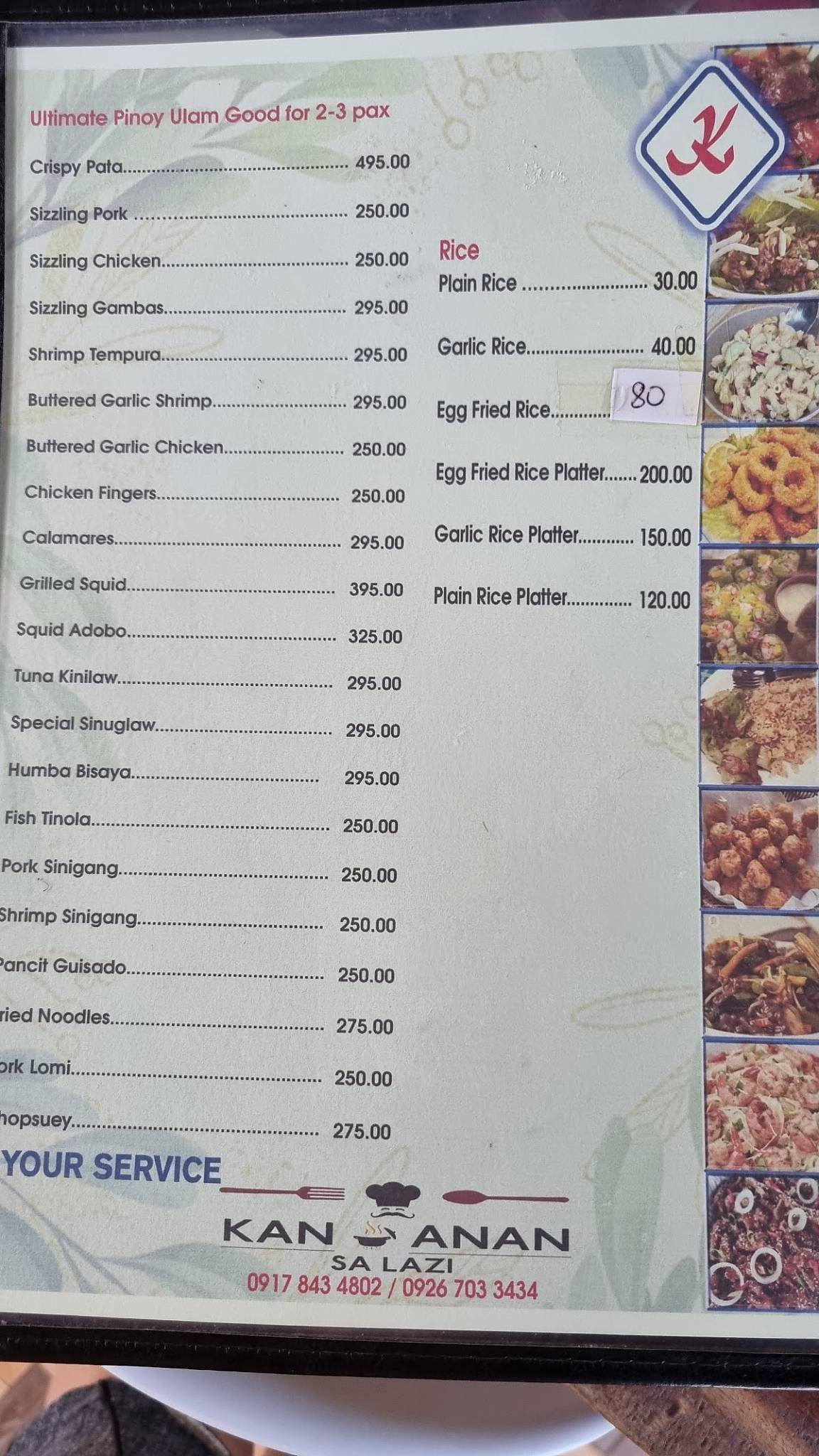 Menu at Kan-anan sa Lazi restaurant, Lazi