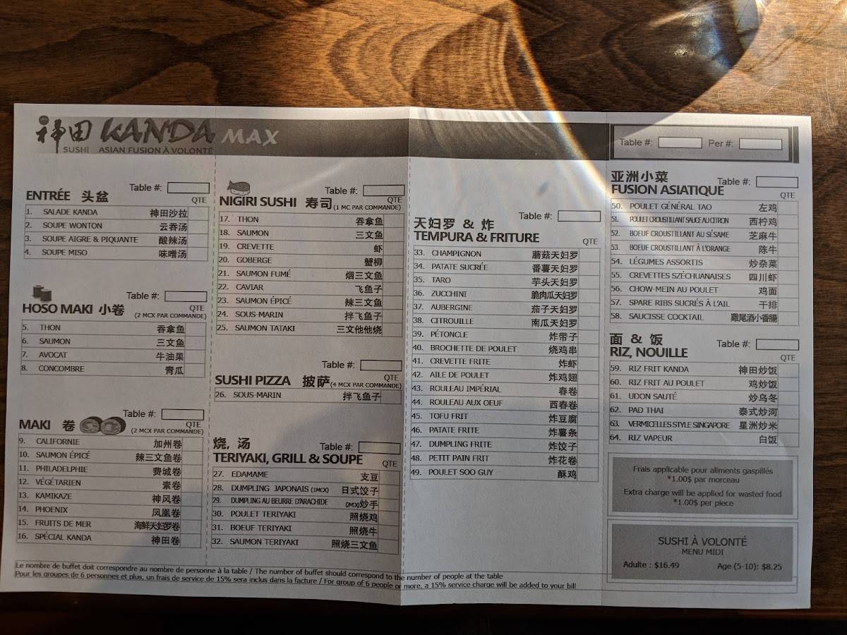 Menu au Kanda Max restaurant, Saint-Eustache, 40 R. Dubois