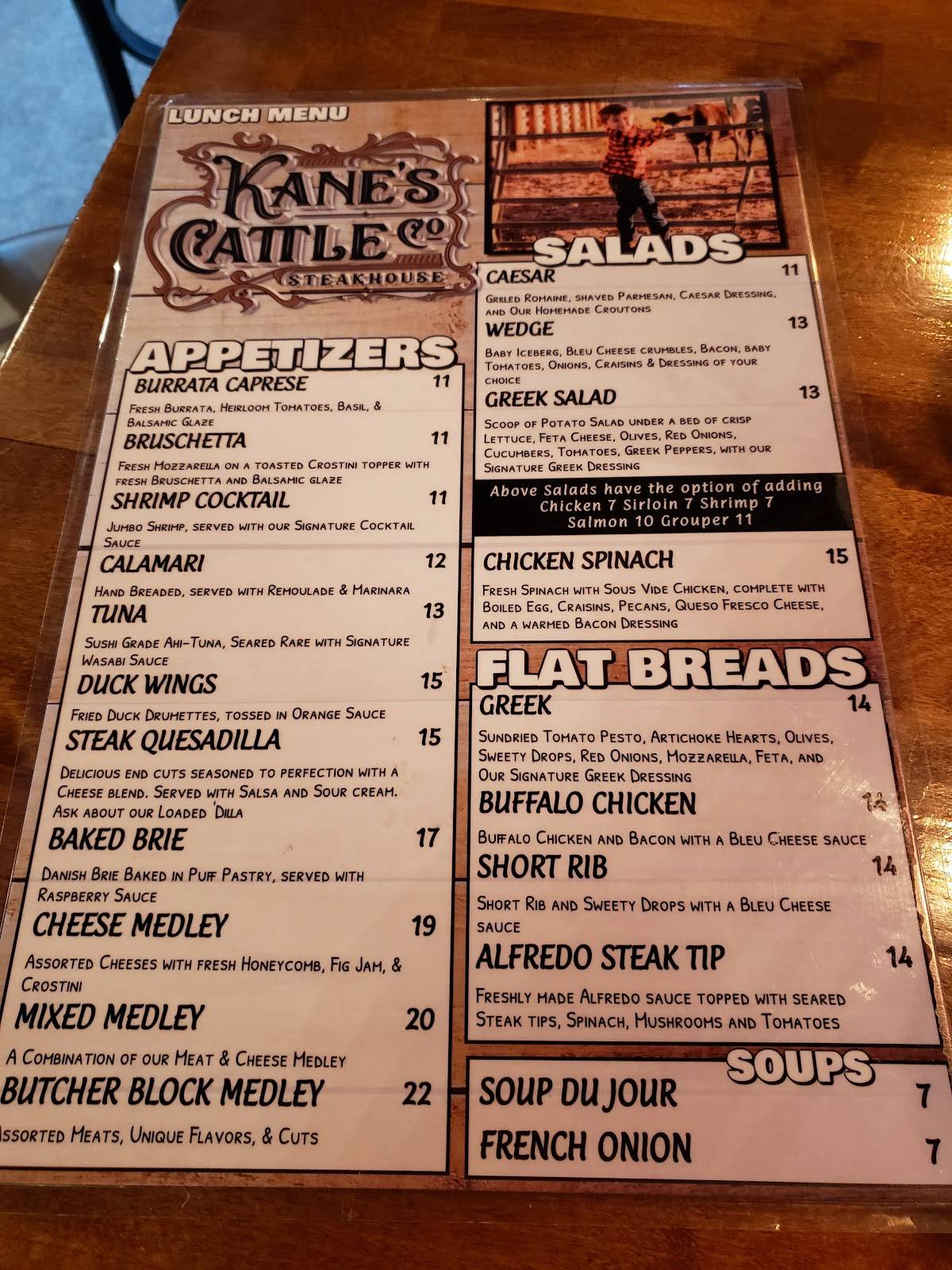 Menu at Kane's Cattle Co. steakhouse, Crystal River