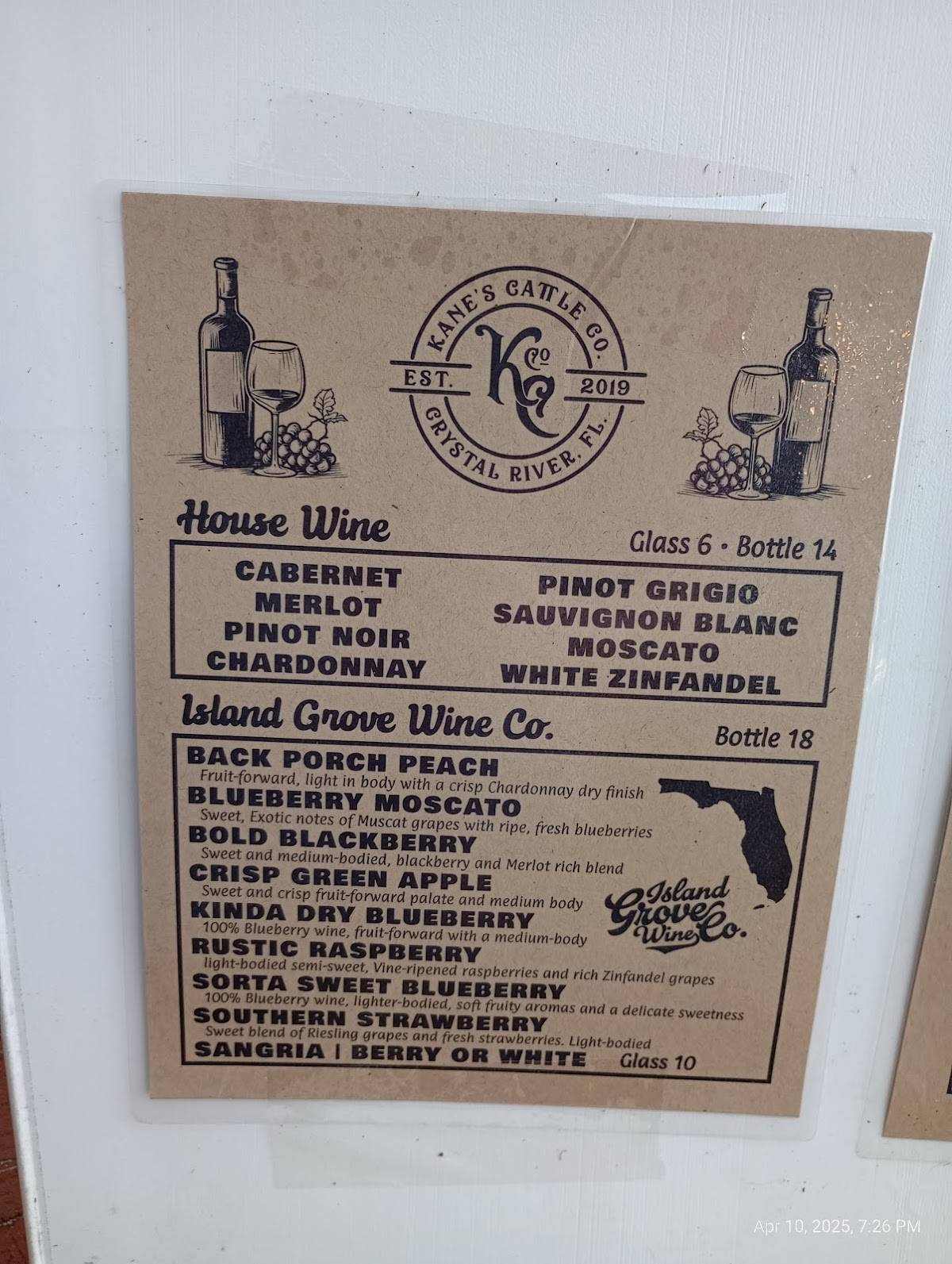 Menu at Kane's Cattle Co. steakhouse, Crystal River