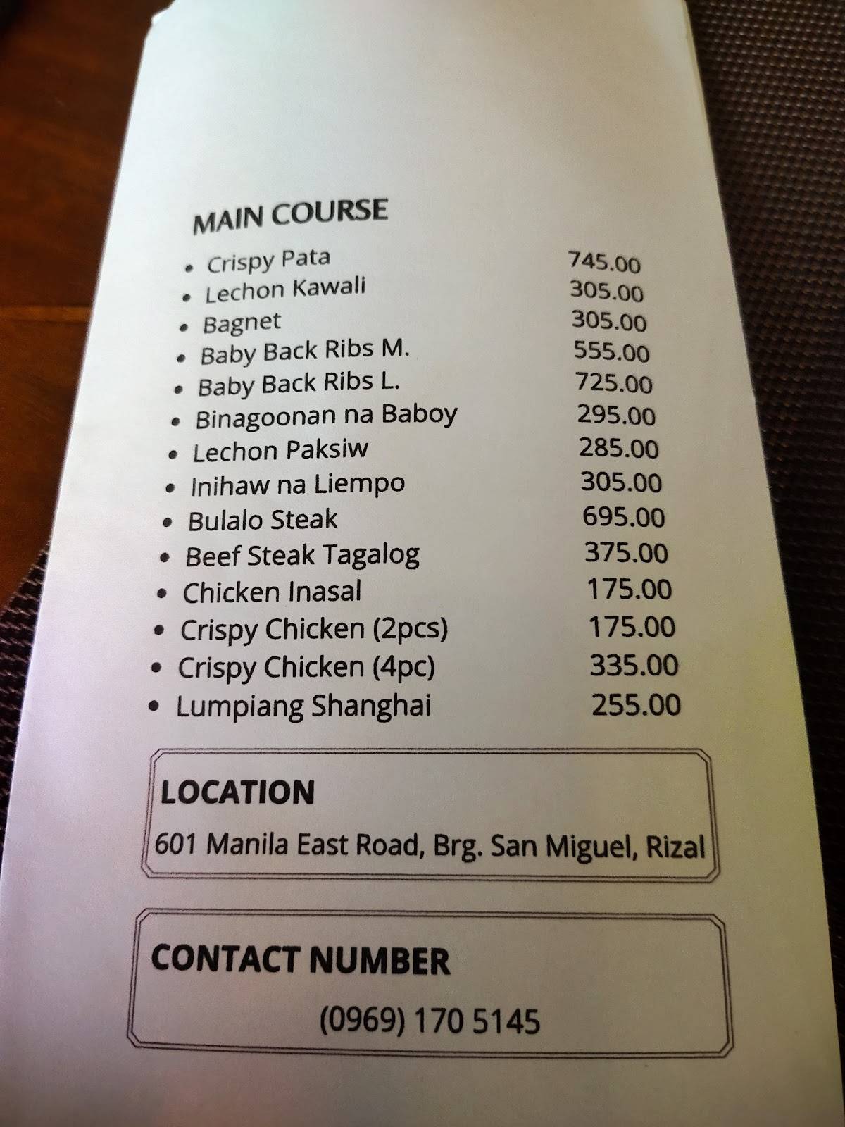 Menu at Kapitbahay Filipino Cuisine Baras, Baras