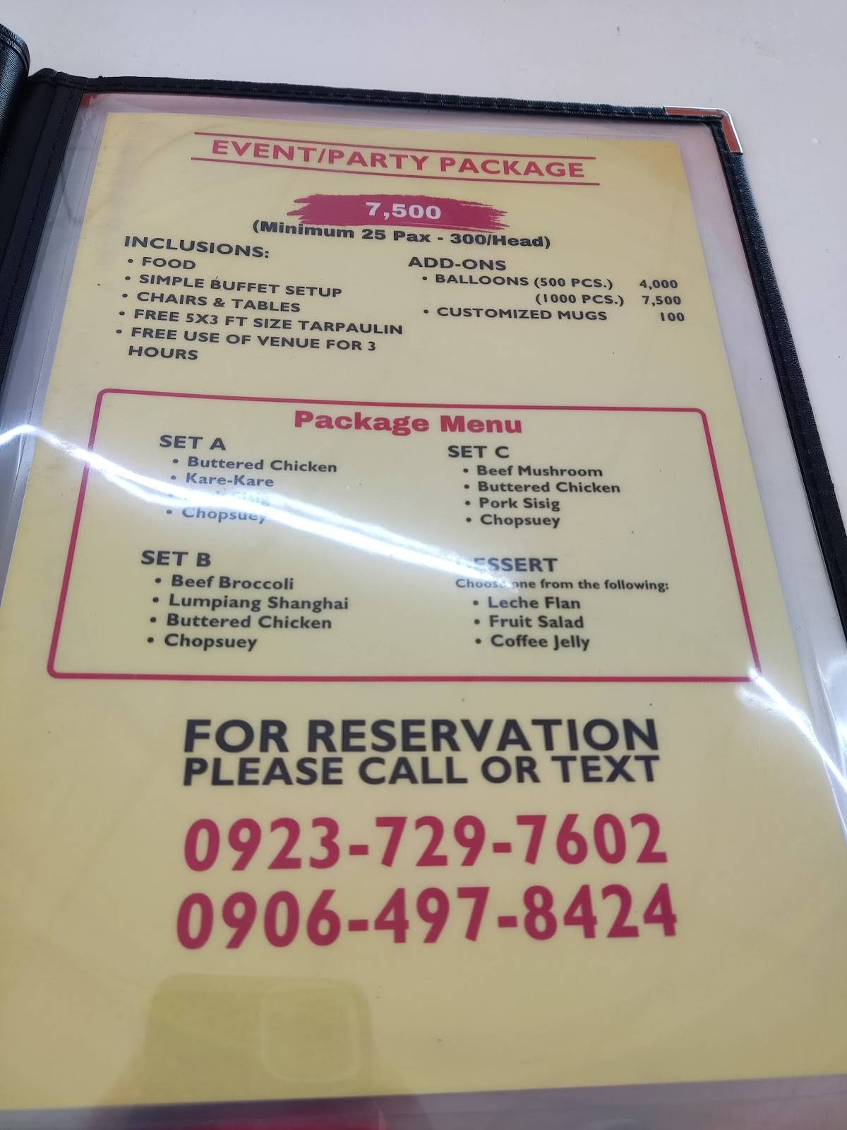 Carta del restaurante Kaps Tapsi, Plaridel