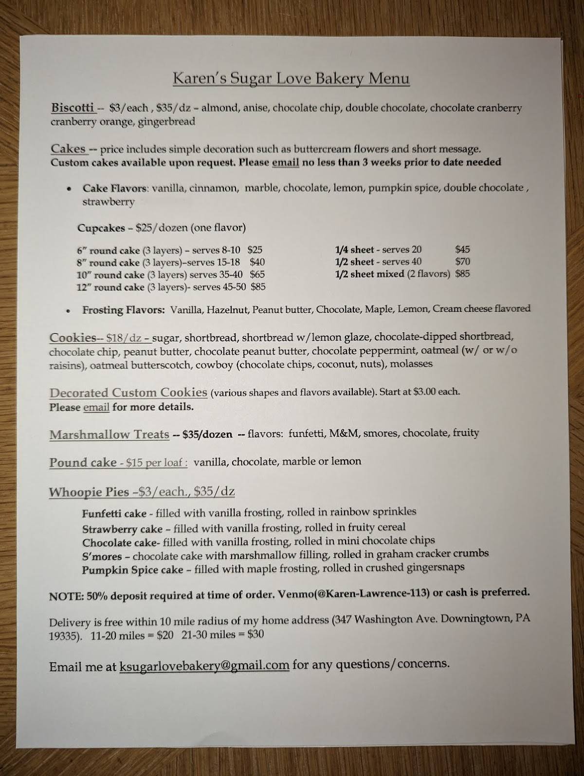 Menu at Karen's Sugar Love Bakery, Downingtown