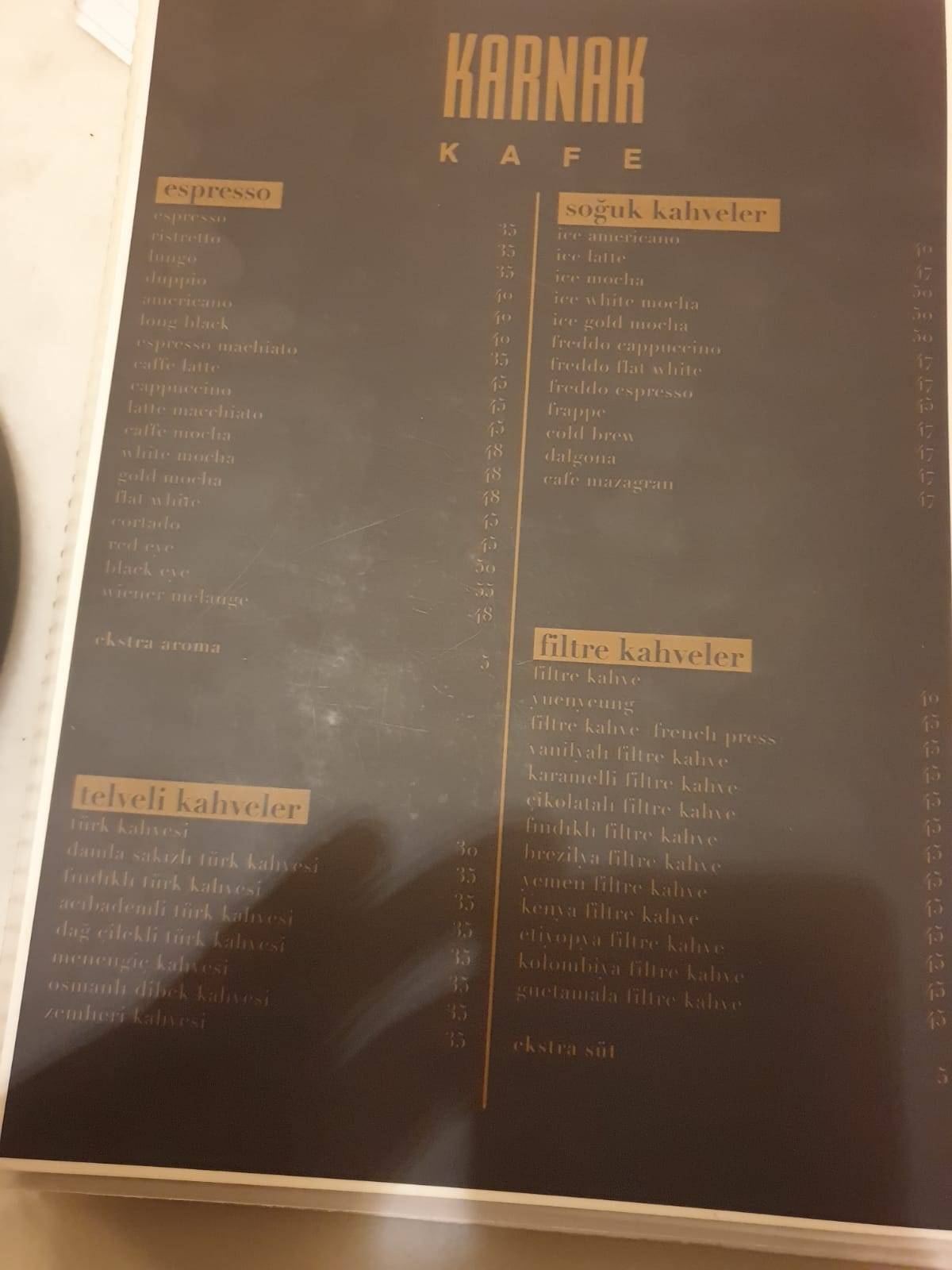 Carta de Karnak Kafe & Coffee shop, Estambul