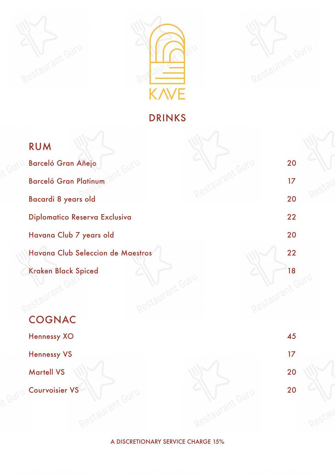Menu at Kave restaurant, London