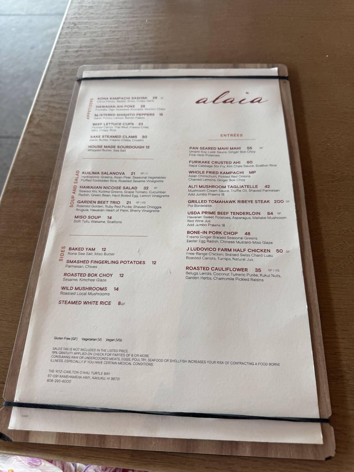 Menu at Alaia restaurant, Kawela Bay