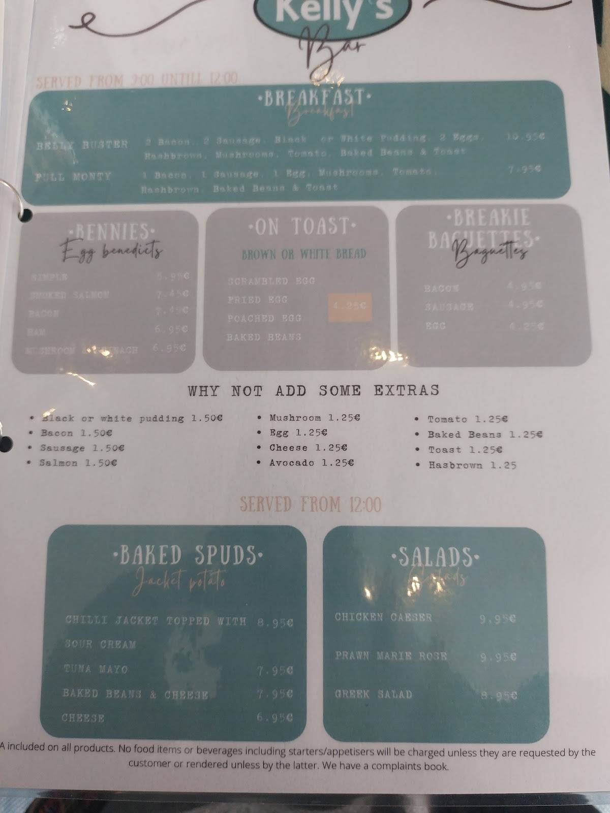 Menu at Kelly's Sports Bar, Praia da Luz