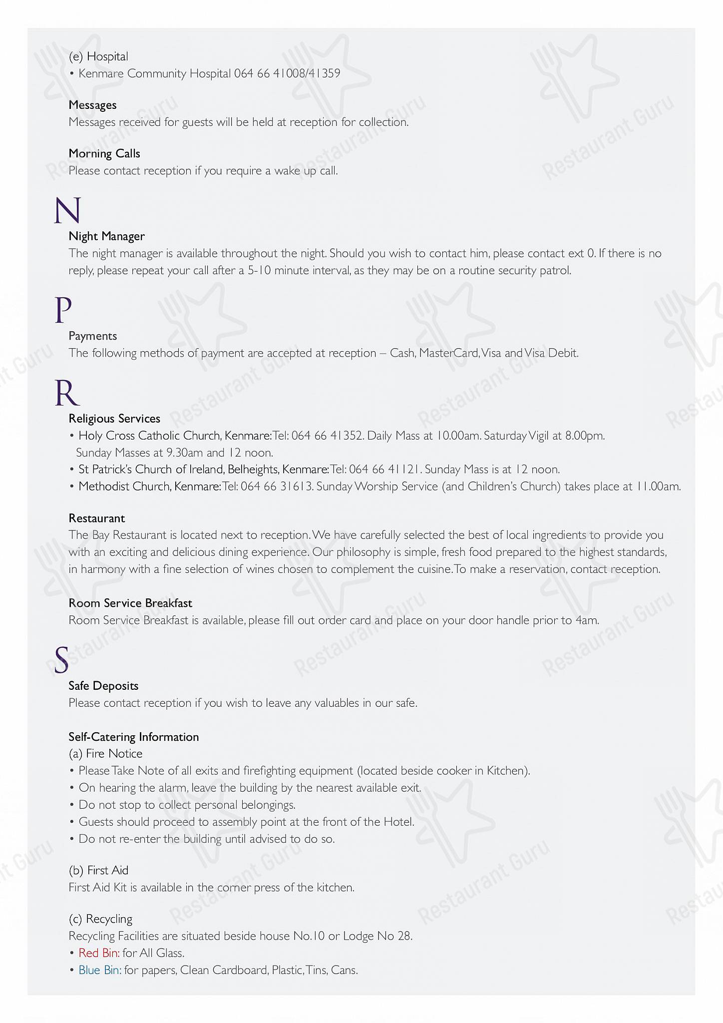 Menu at Kenmare Bay Hotel & Resort restaurant, Kenmare
