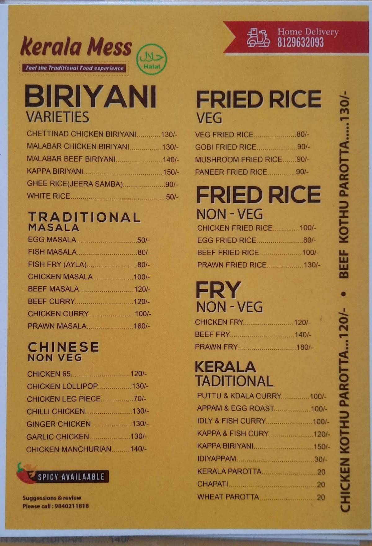 Menu at Kerala Mess, Chennai, Mosque St